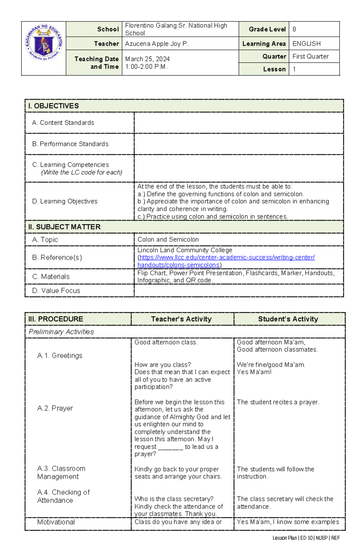 PROF ED 5- (4) Lesson PLAN - School Florentino Galang Sr. National High ...
