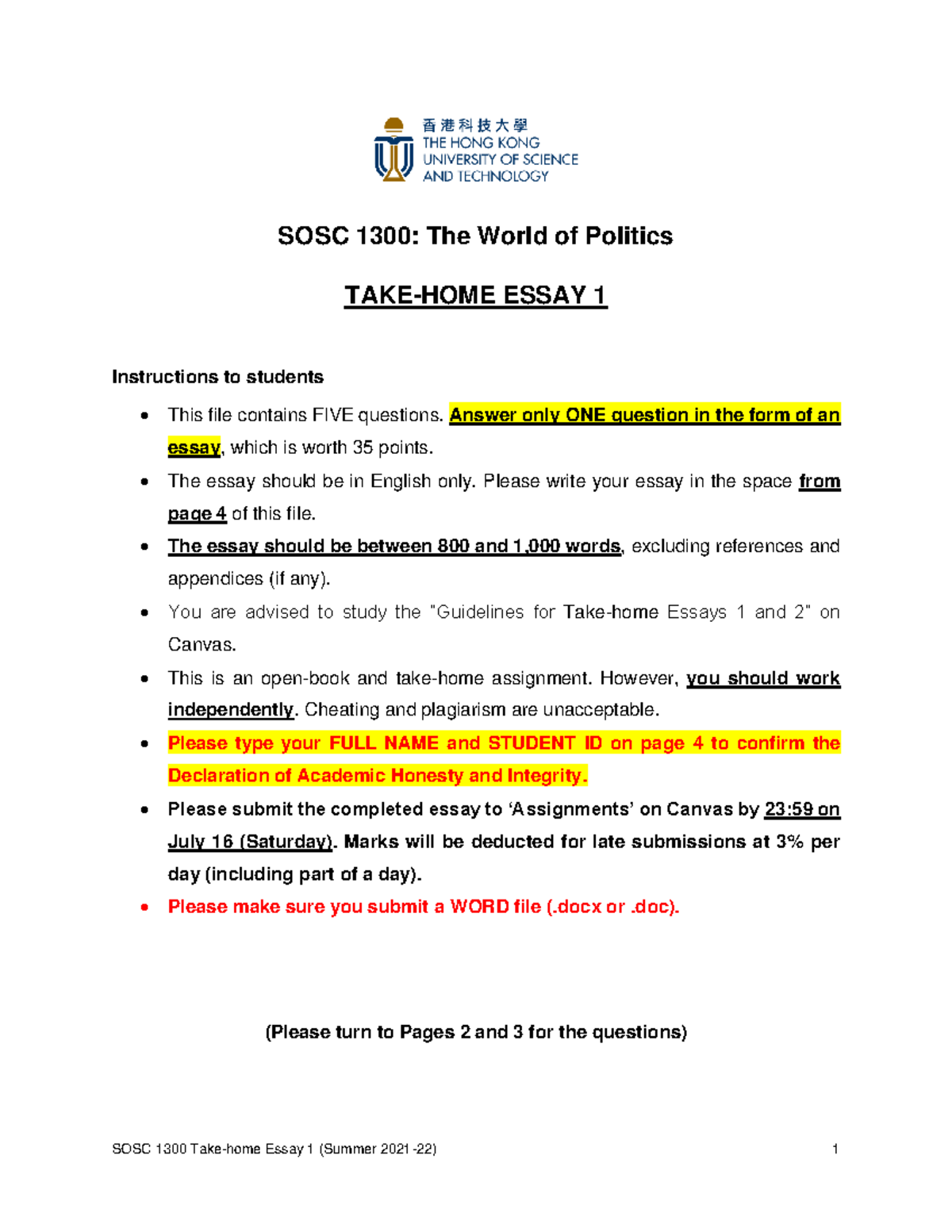 SOSC 1300 Sample Essay 2 - SOSC 1300: The World of Politics TAKE-HOME ...