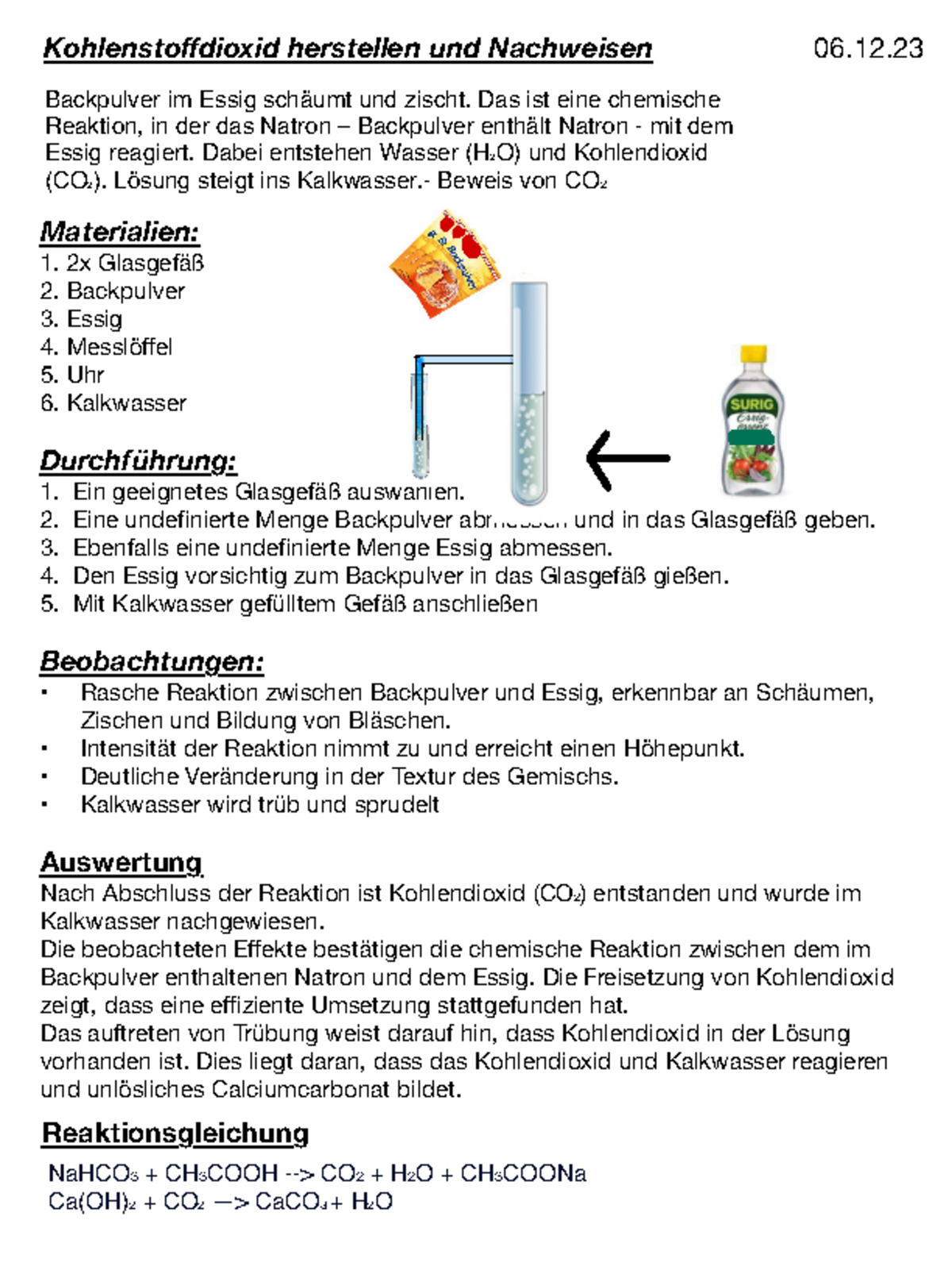 Chemie 3 - Backpulver im Essig schäumt und zischt. Das ist eine chemische Reaktion, in der das ...