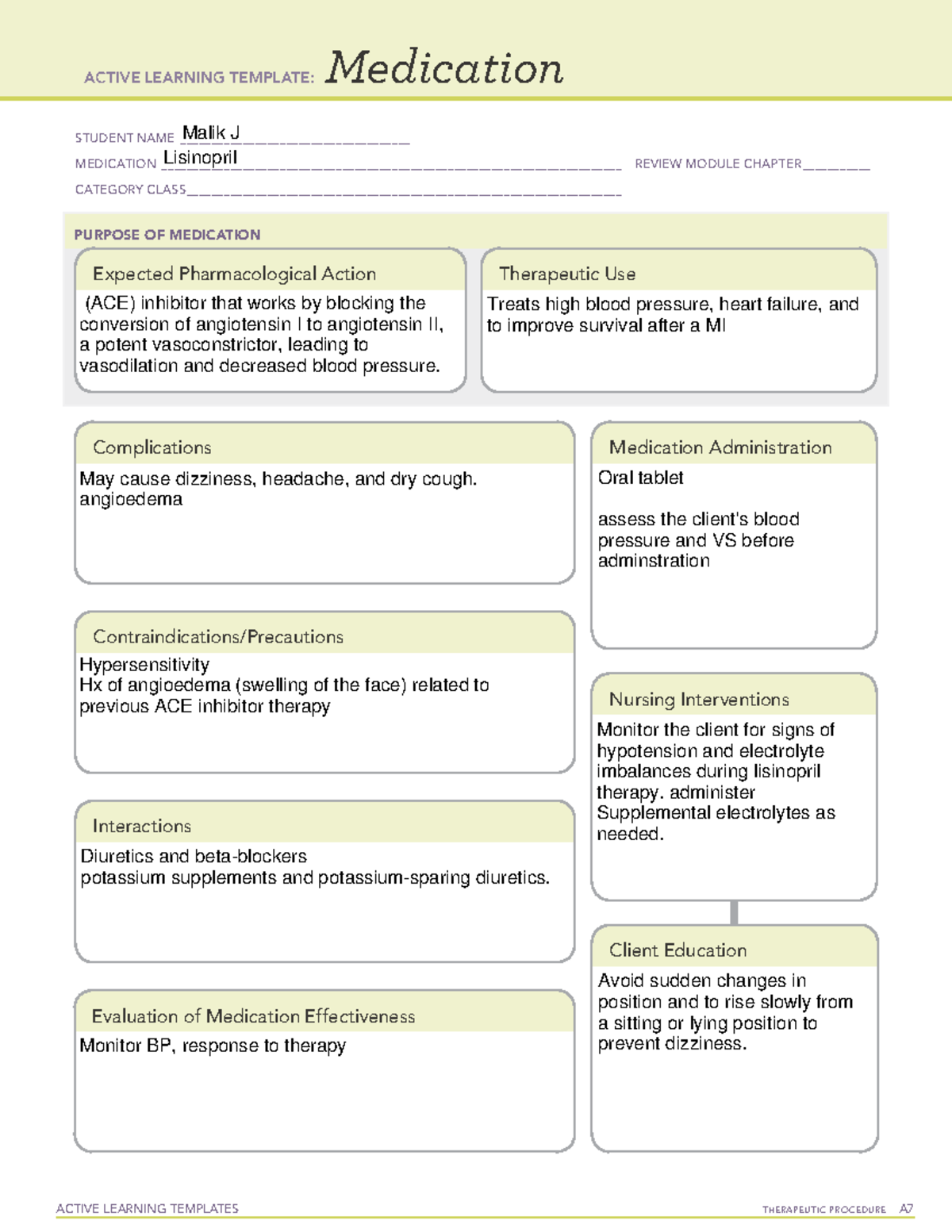 Lisinopril - ACTIVE LEARNING TEMPLATES TherapeuTic procedure A ...