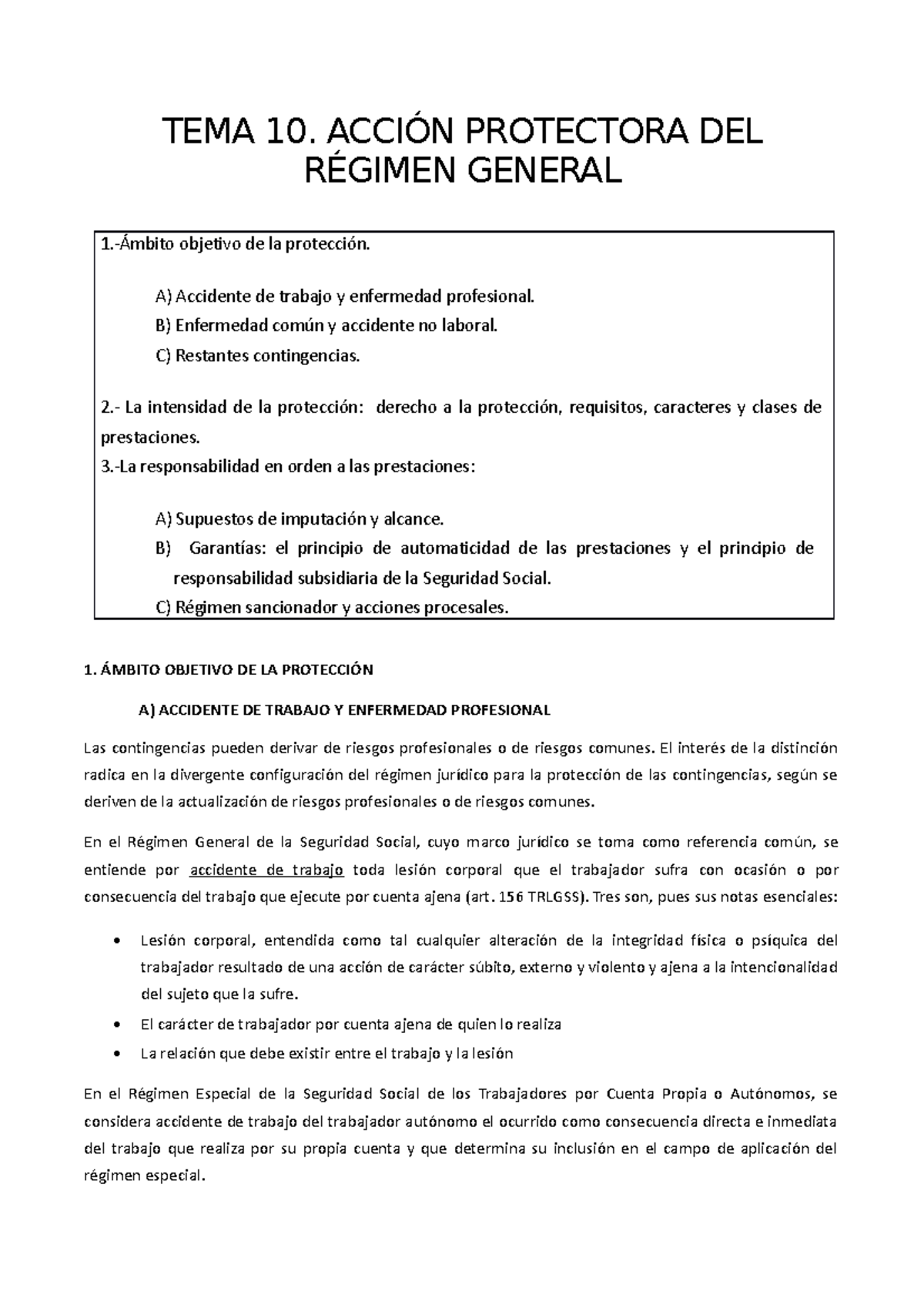 TEMA 10 - tema 10 laboral - TEMA 10. ACCIÓN PROTECTORA DEL RÉGIMEN ...
