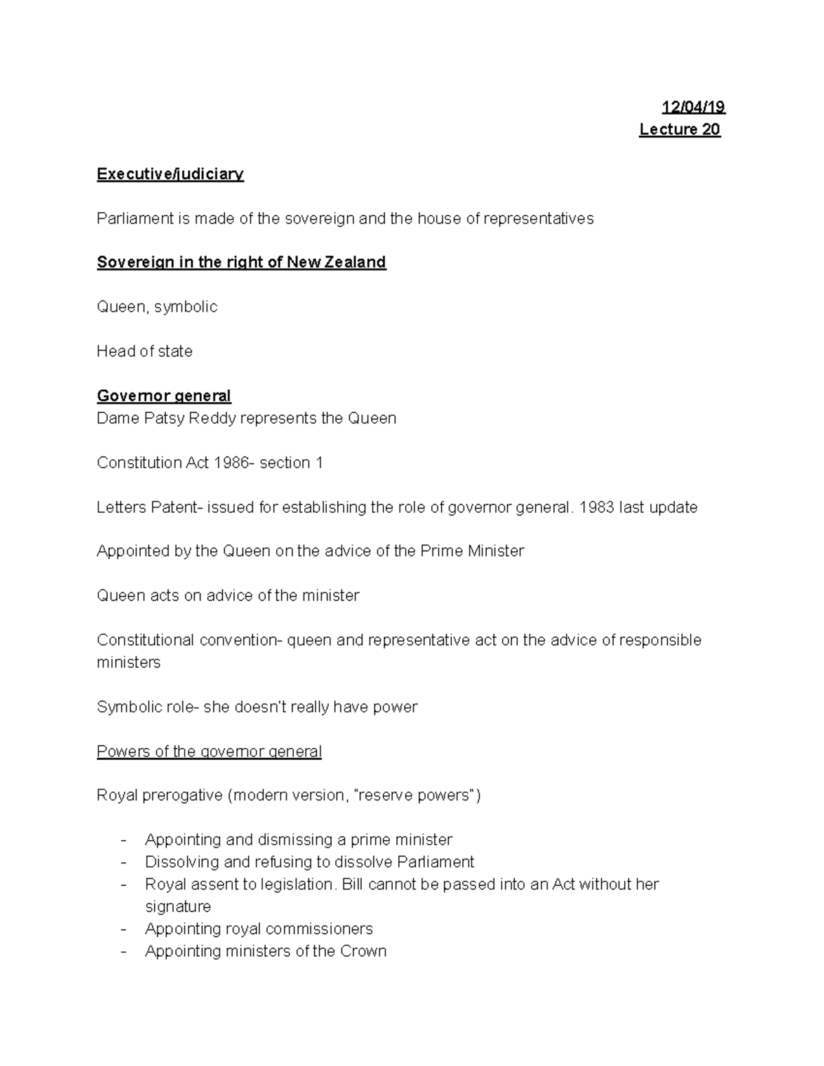 Lecture 20-LAWS121 - executive/judiciary - Lecture 20 Parliament is ...