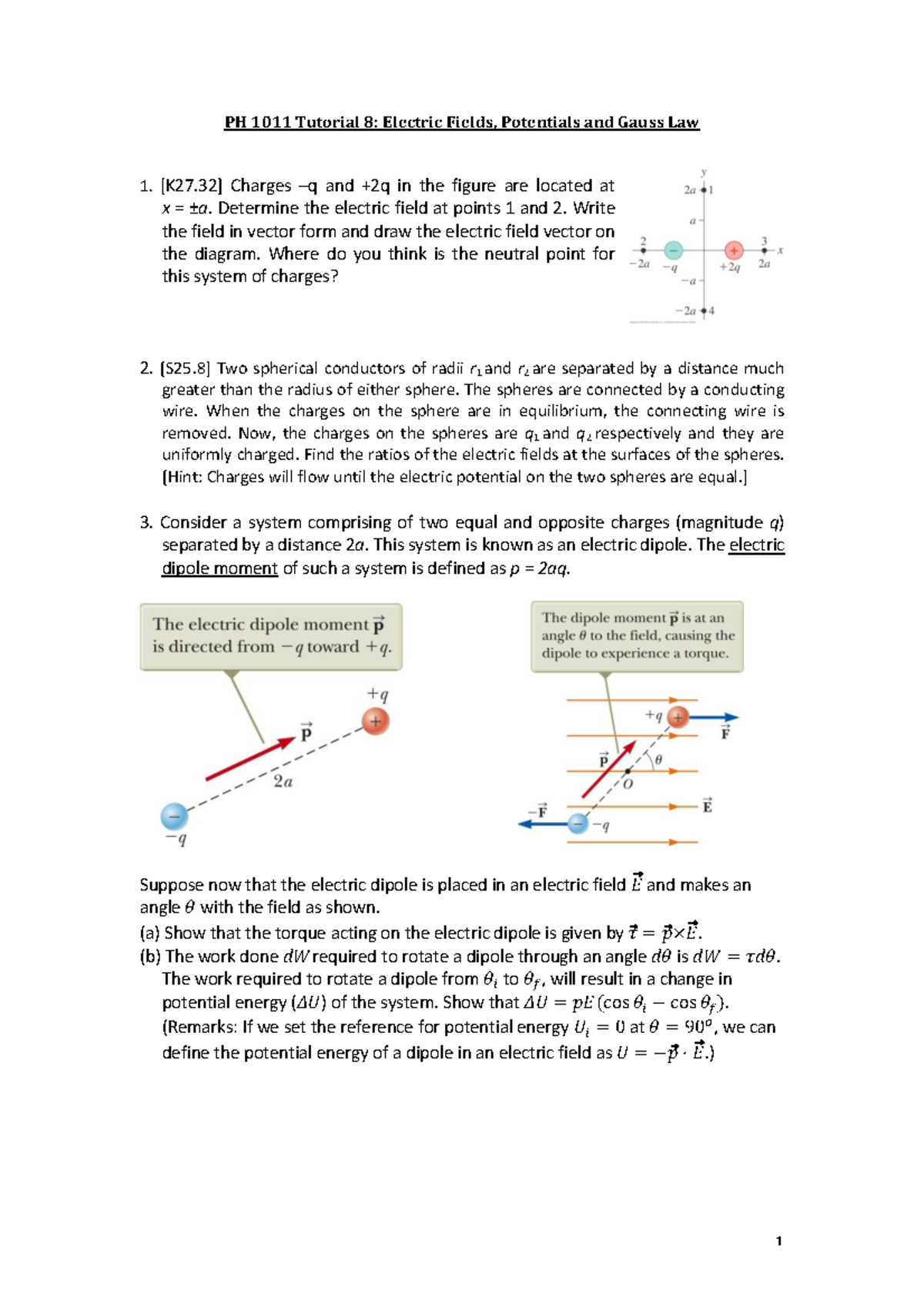 Tutorial 8 - it is what it is - 1 **PH 1011 Tutorial 8: Electric Fields, Potentials and Gauss ...