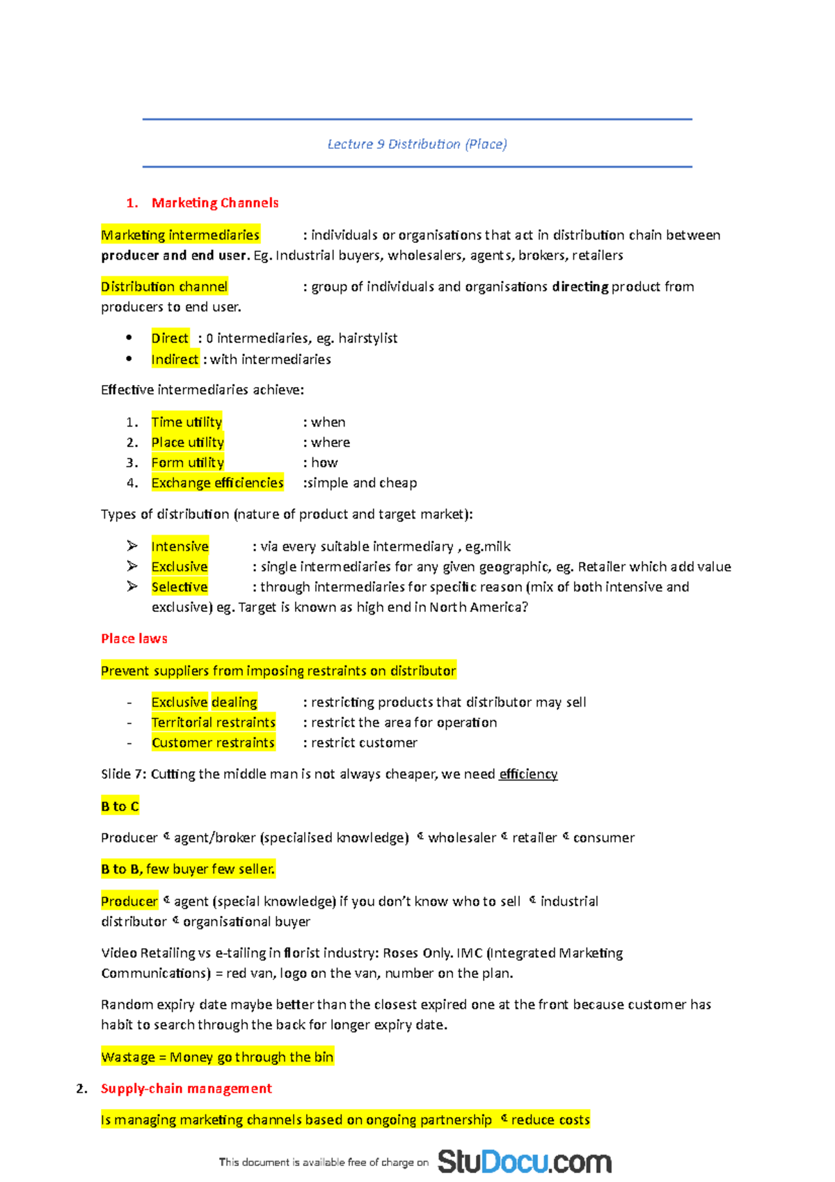Lecture 9 + 10 - Lecture 9 Distribution (Place) 1. Marketing Channels ...