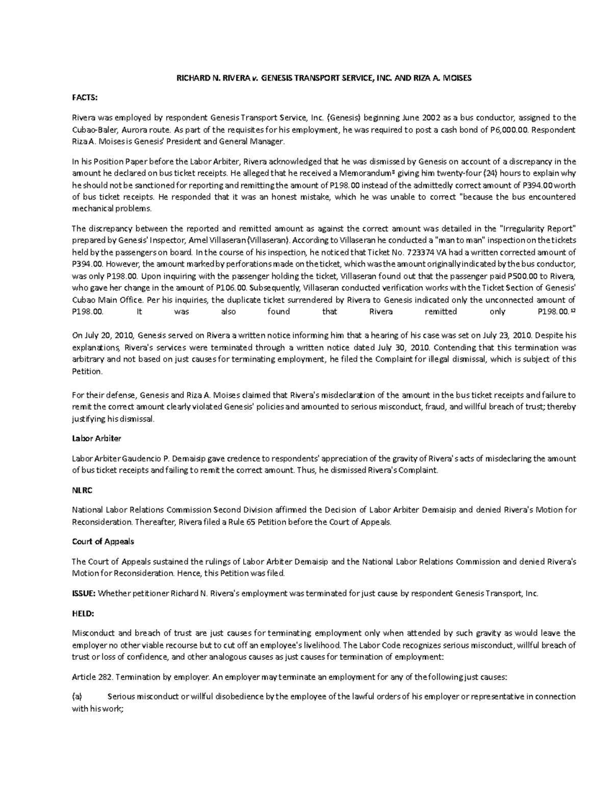 Pdfcoffee - RICHARD N. RIVERA v. GENESIS TRANSPORT SERVICE, INC. AND ...