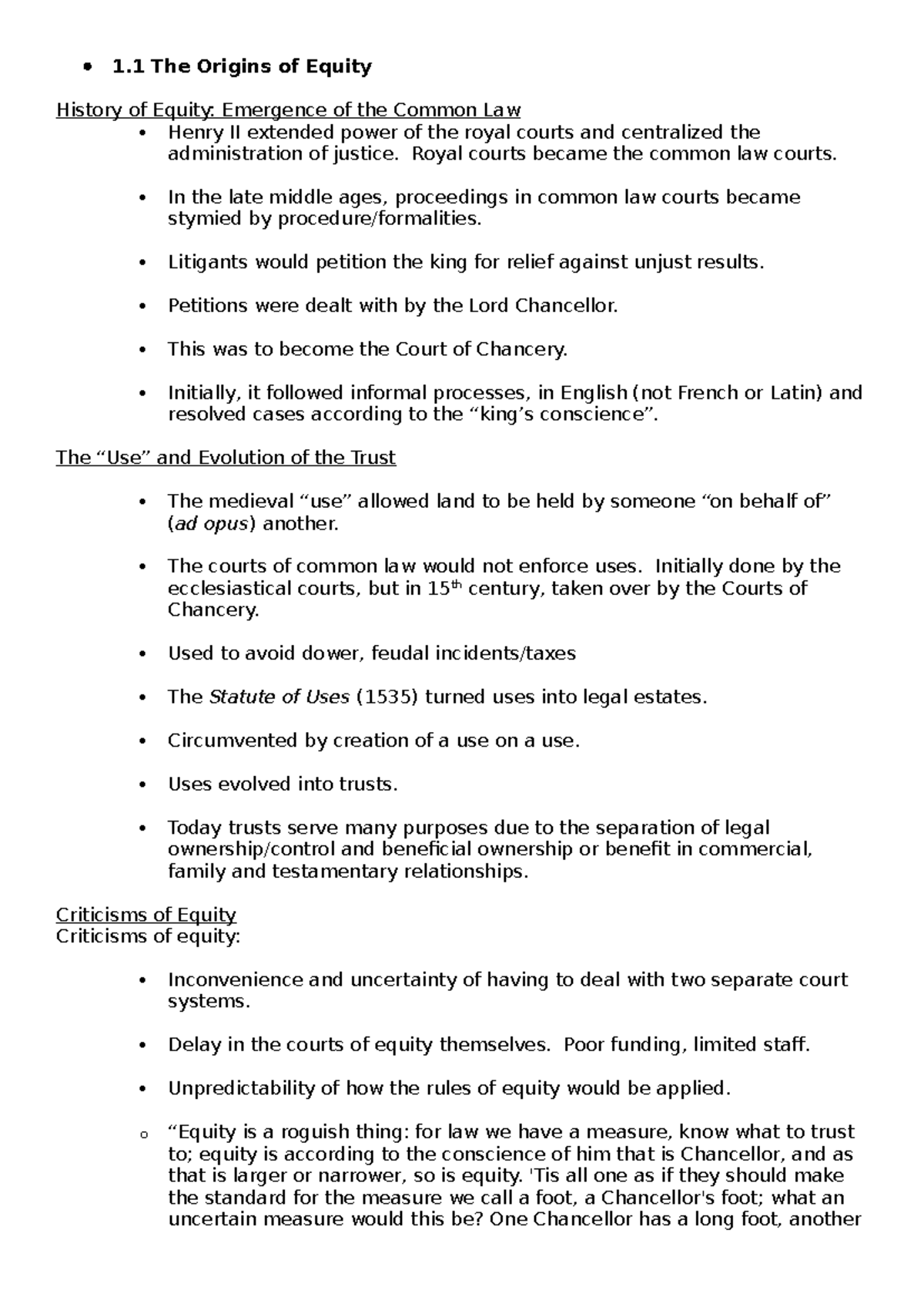 Weeks 1-5 equity and trusts notes - 1 The Origins of Equity History of ...