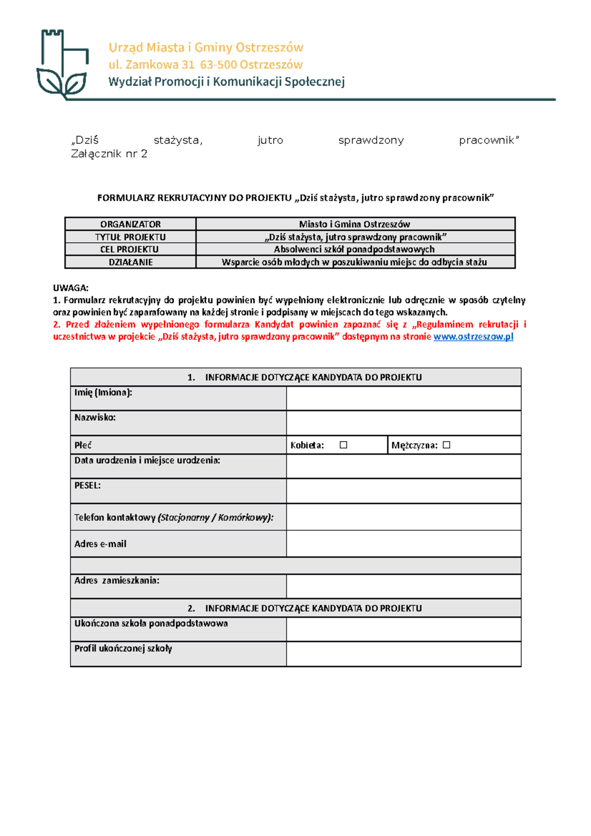 Formularz rekrutacyjny wraz ze zgoda - „Dziś stażysta, jutro sprawdzony ...