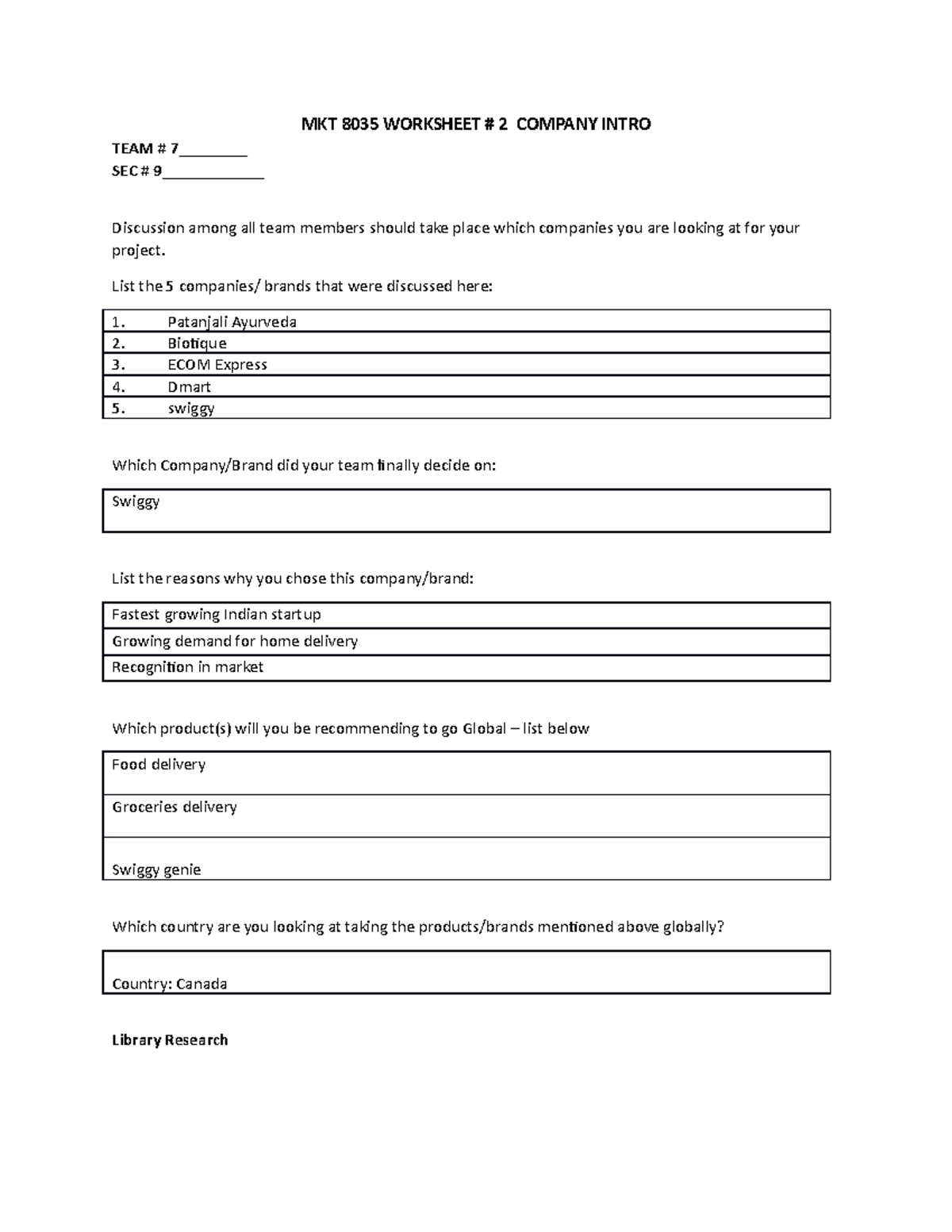 2- Company Intro - group project worksheet 1 - MKT 8035 WORKSHEET # 2 ...
