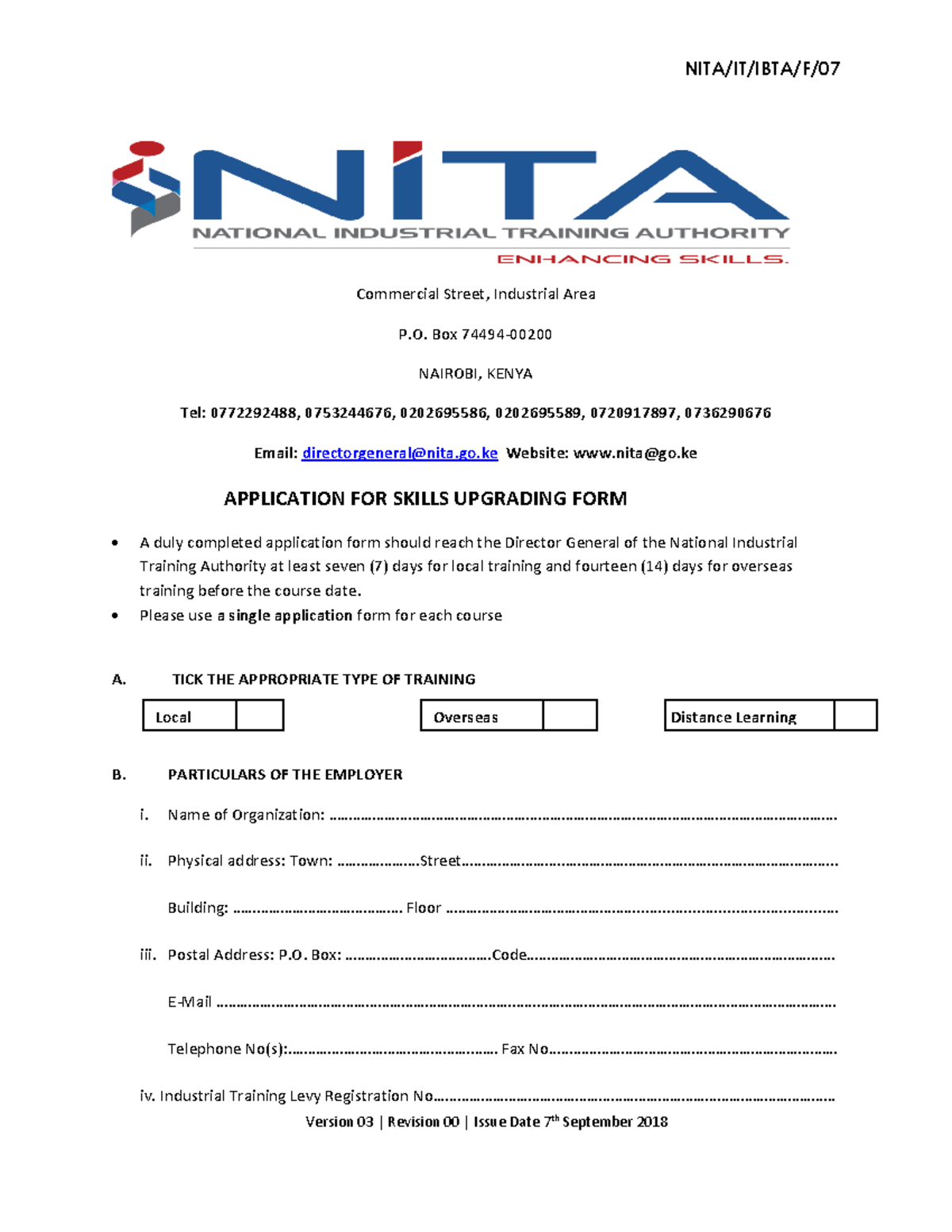F07 Application FOR Skills Upgrading FORM - NITA/IT/IBTA/F/ Commercial ...