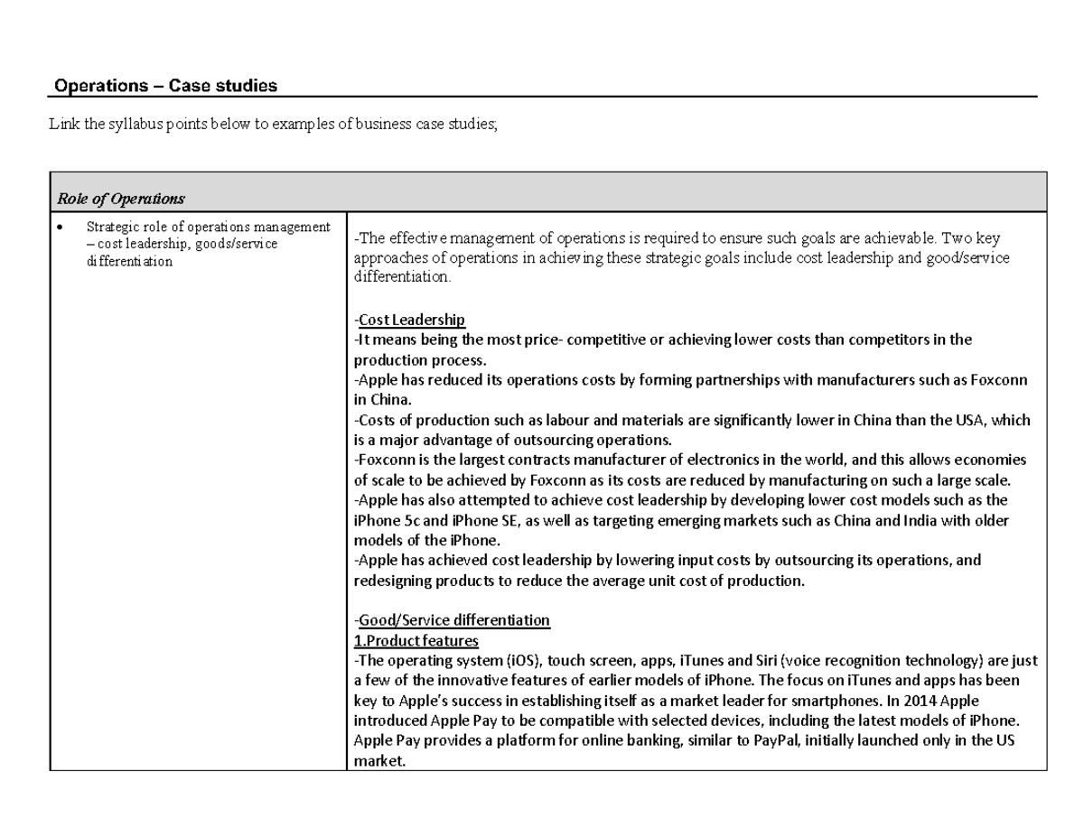 Operations - Case Study - Template - Operations – Case studies Link the ...