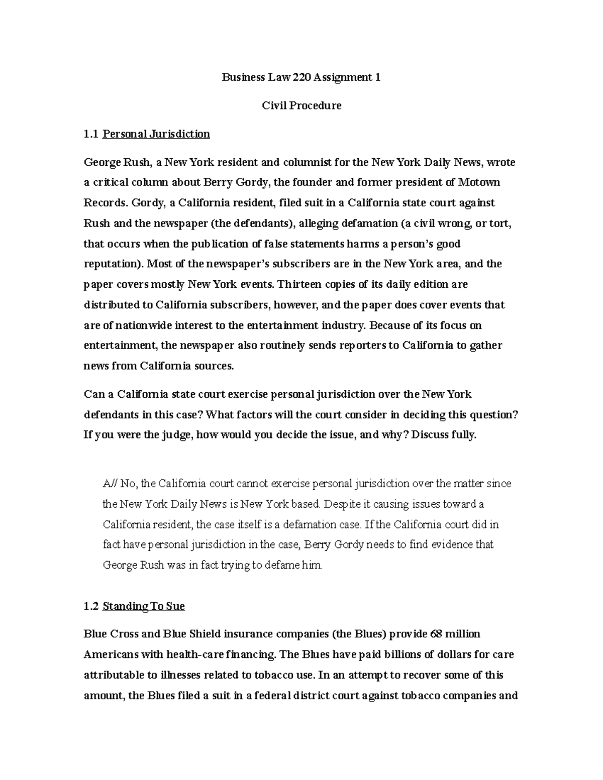 Business Law 220 Assignment 1 - Business Law 220 Assignment 1 Civil ...