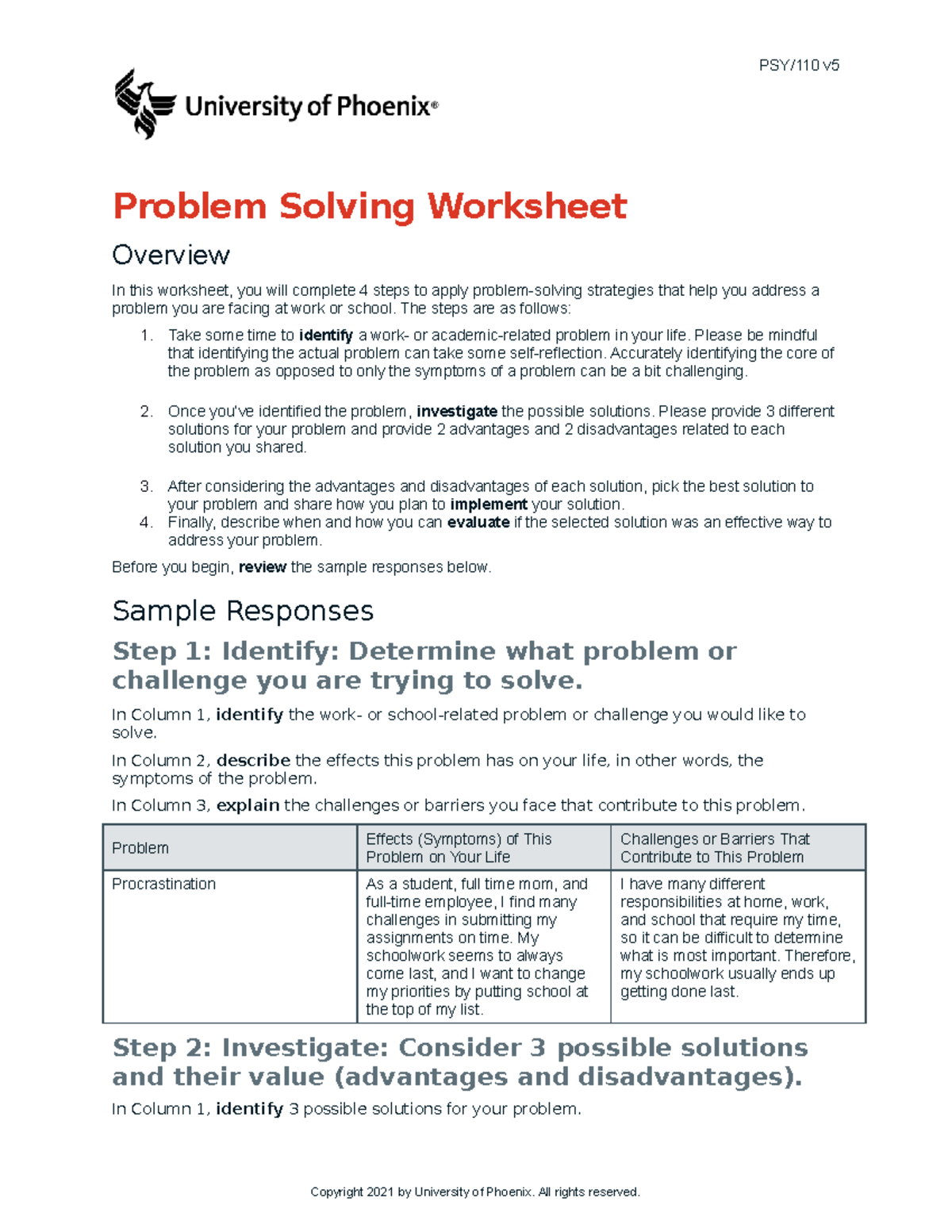 Psy110 v5 wk4 problem solving worksheet - PSY/110 v Problem Solving ...
