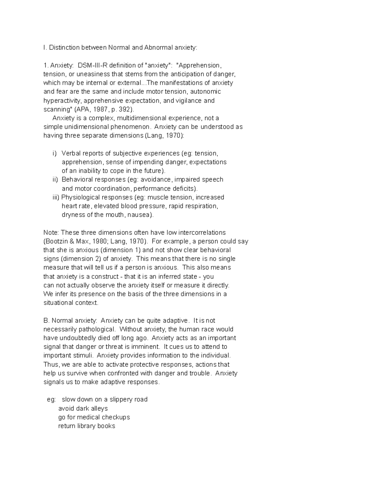 Lecture 4- Anxiety Disorders - I. Distinction between Normal and ...