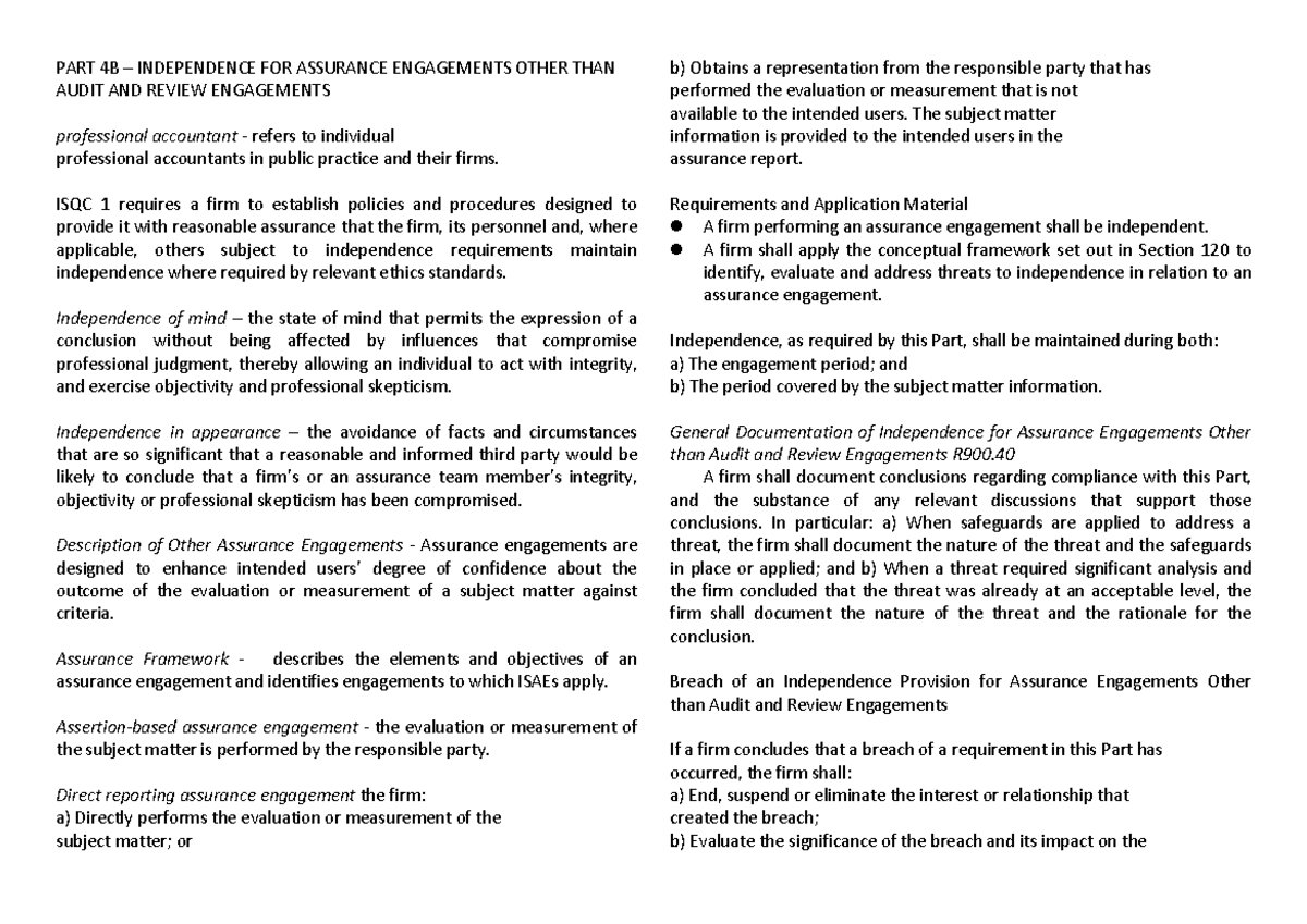 Review Notes Assurance Engagements - PART 4B – INDEPENDENCE FOR ...