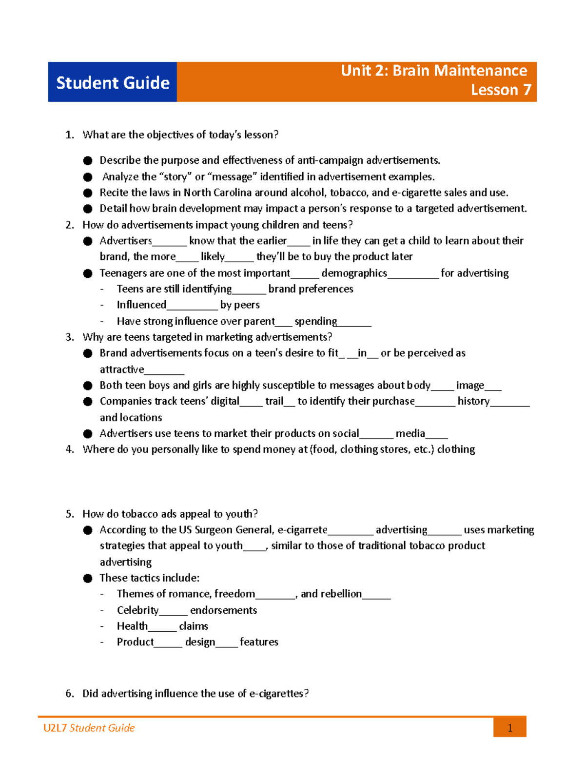 U2L7 Student Guide - Student Guide Unit 2: Brain Maintenance Lesson 7 What are the objectives of ...
