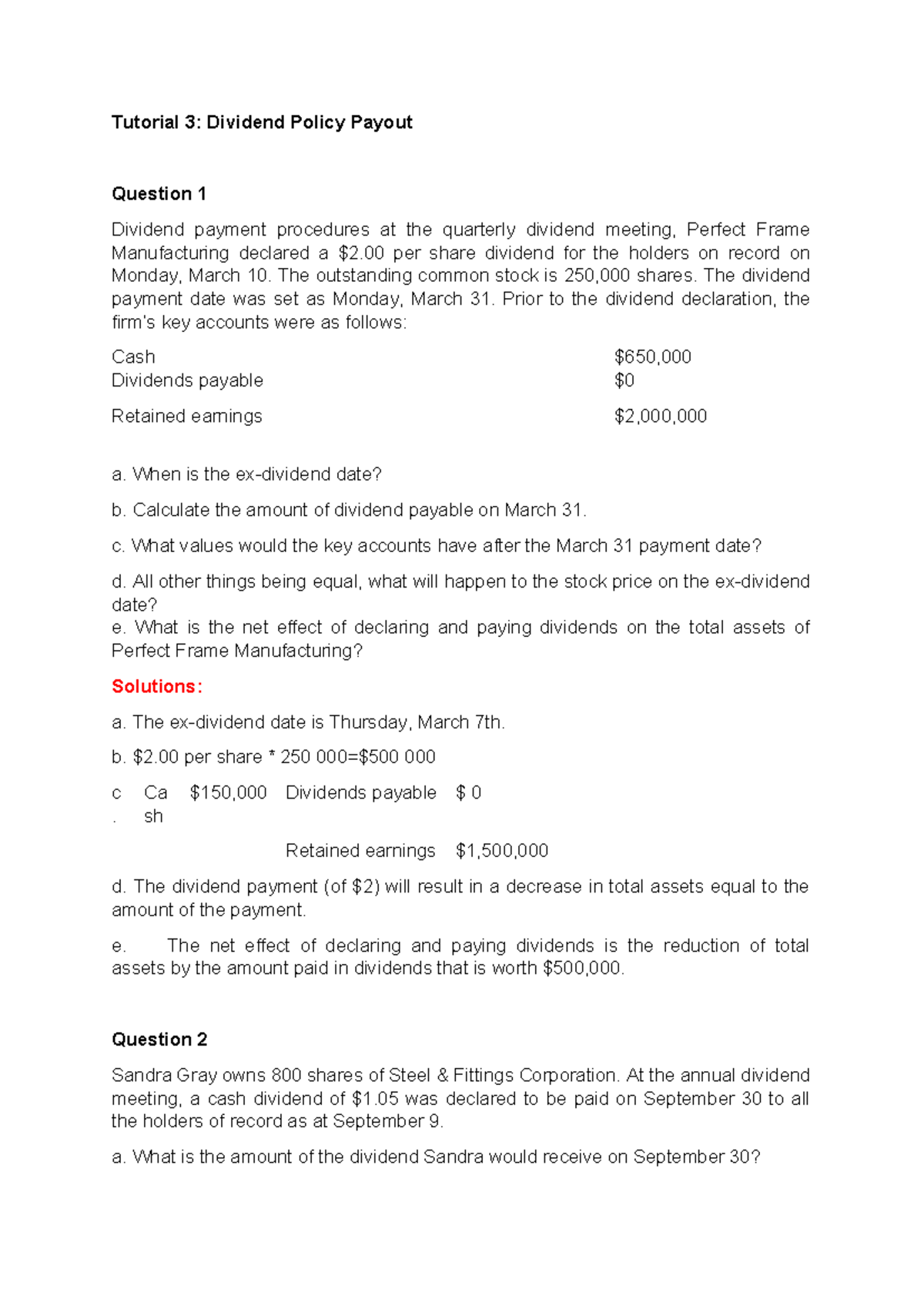 Tutorial 3- Solution 1 - Tutorial 3: Dividend Policy Payout Question 1 ...