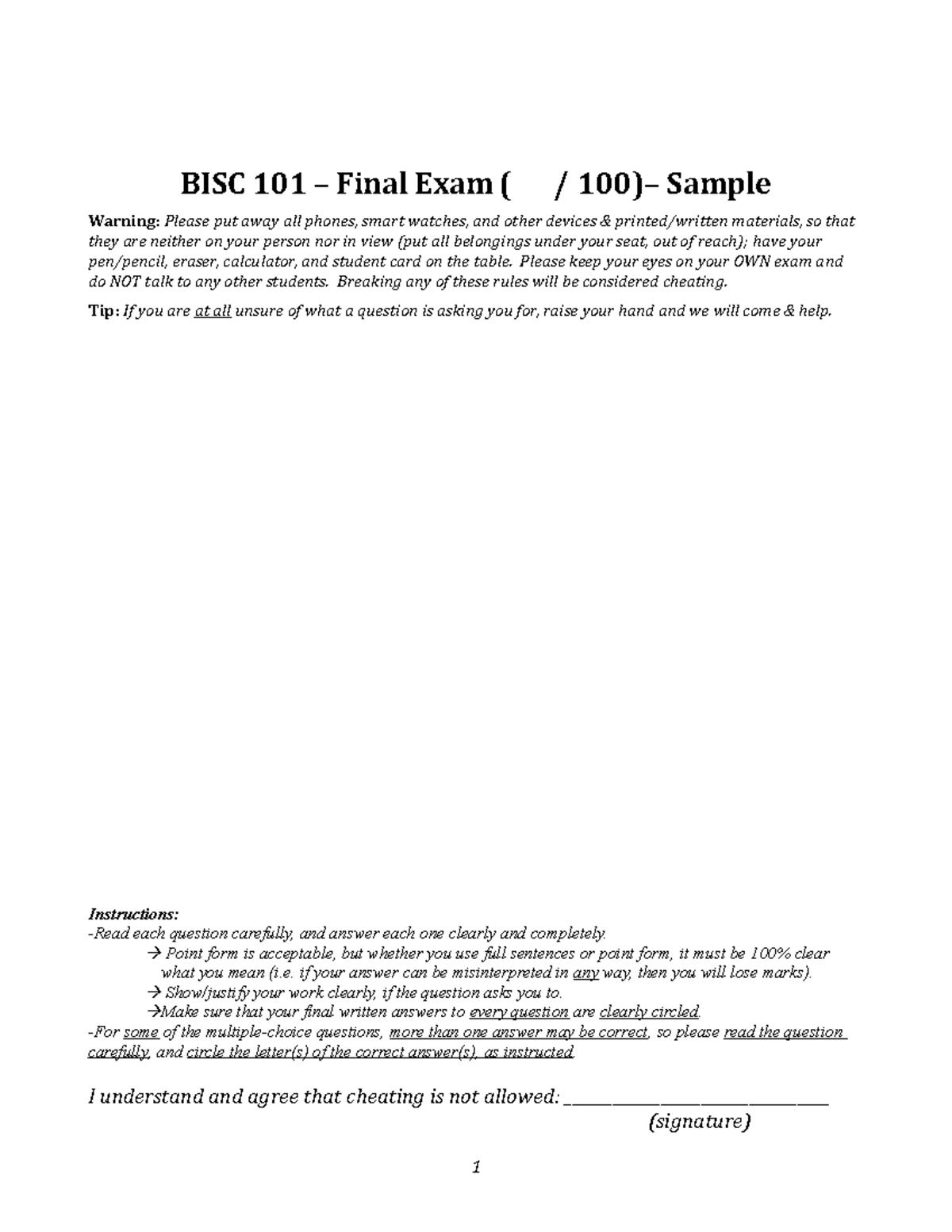 BISC 101 Sample Final Exam - v1 - BISC 101 - SFU - Studocu
