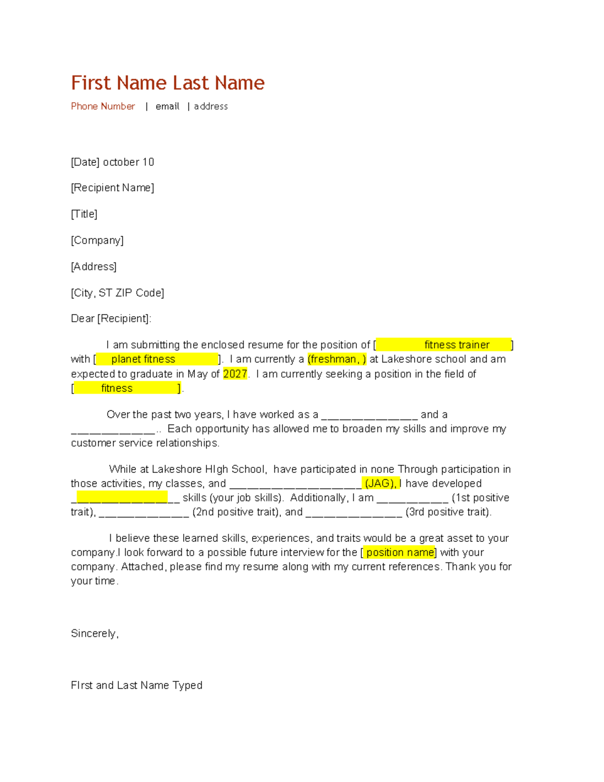 Copy of cover letter - Template - First Name Last Name Phone Number ...