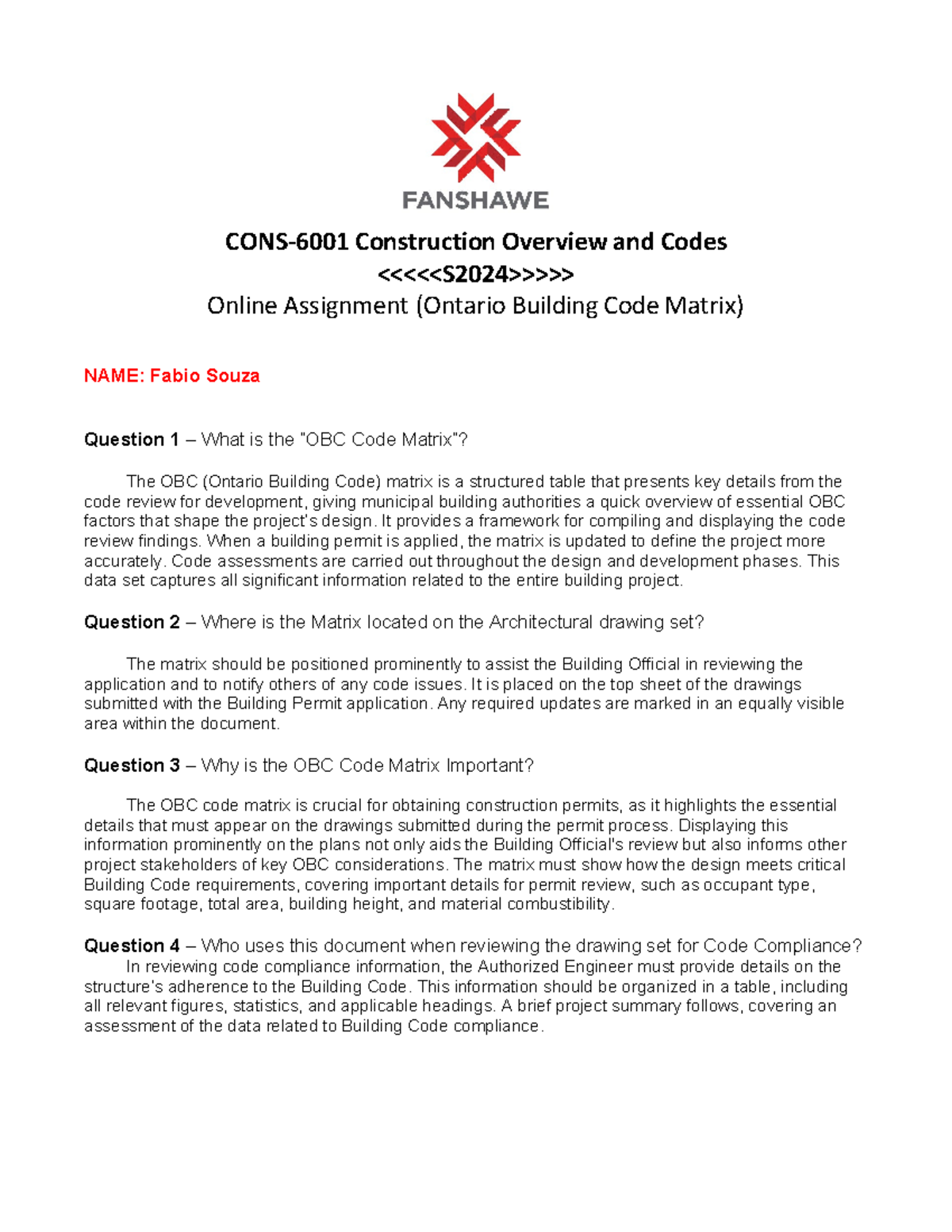 Assignment Code Matrix - CONS-6001 Construction Overview and Codes ...