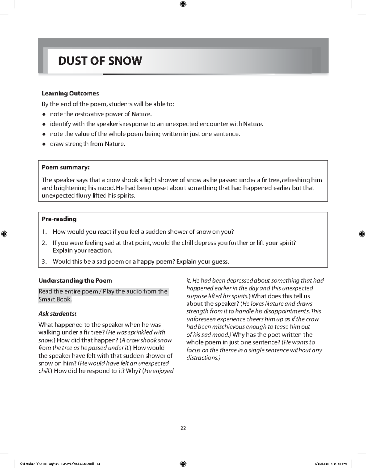 Class 06 English Chapter 2 DUST OF SNOW - 22 Learning Outcomes By the ...