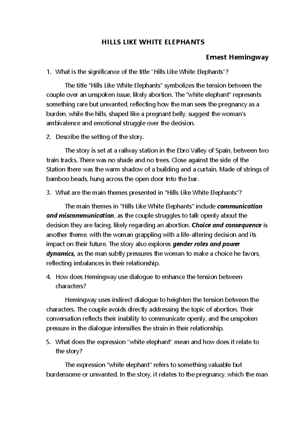 Hills LIKE White Elephant - HILLS LIKE WHITE ELEPHANTS Ernest Hemingway ...