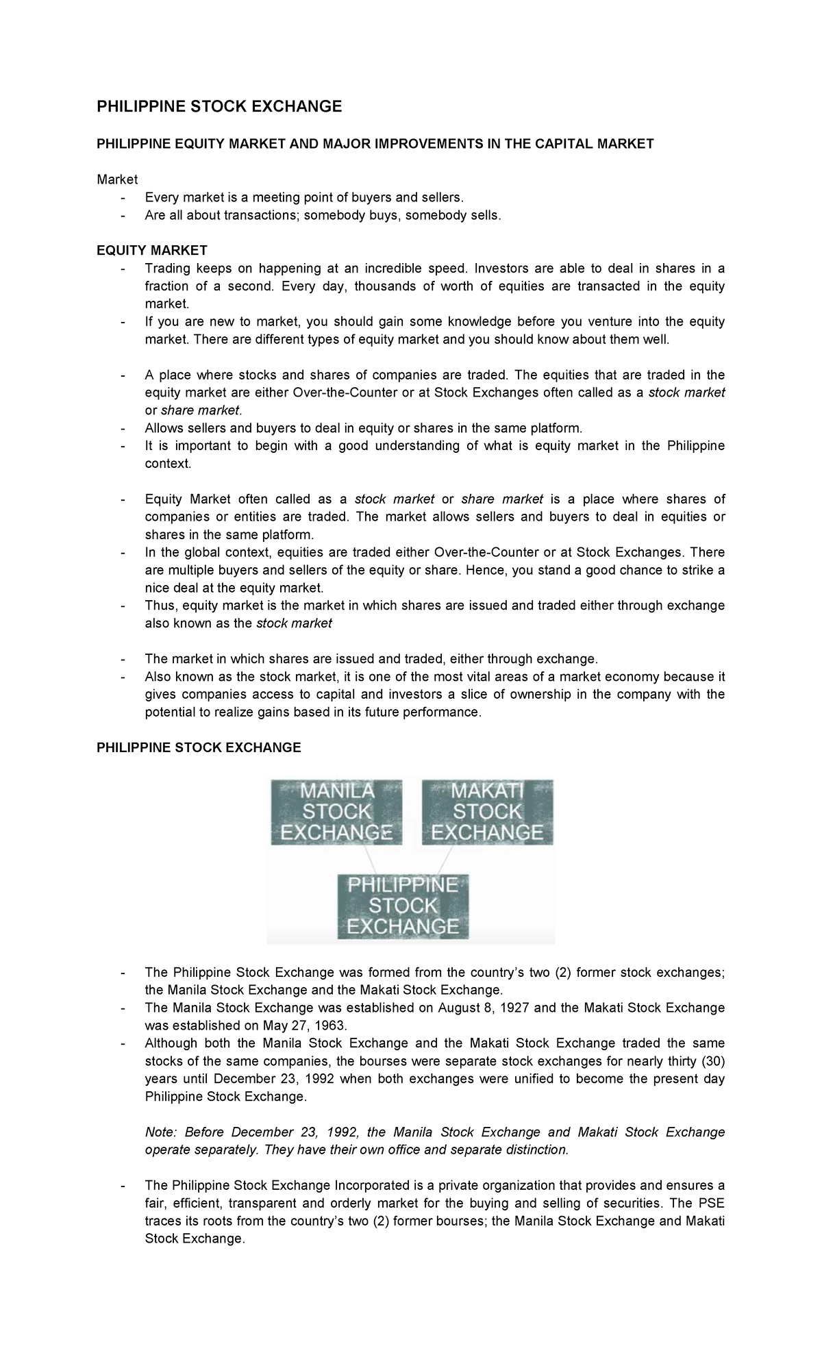 Philippine Stock Exchage Notes - PHILIPPINE STOCK EXCHANGE PHILIPPINE ...