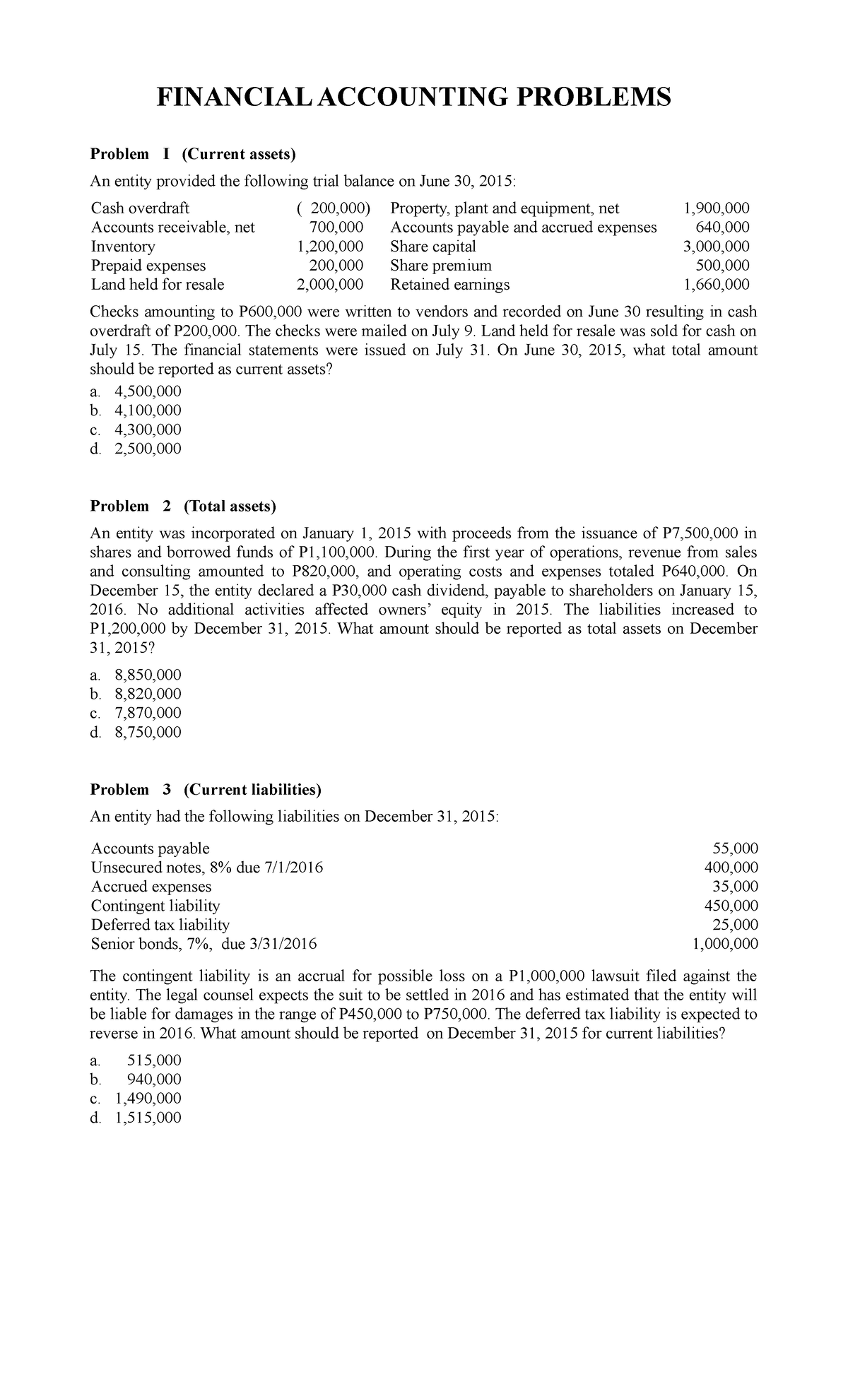Financial Accounting Problem 1 - FINANCIAL ACCOUNTING PROBLEMS Problem ...