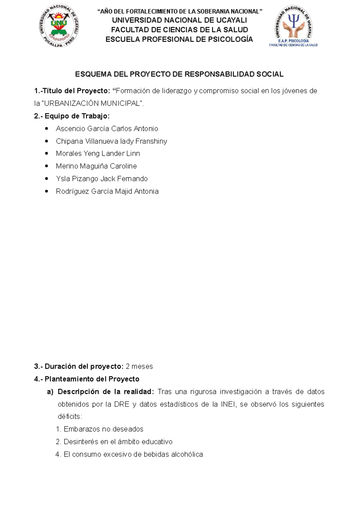 Esquema Proyecto de responsabilidad S. - “AÑO DEL FORTALECIMIENTO DE LA SOBERANIA NACIONAL ...