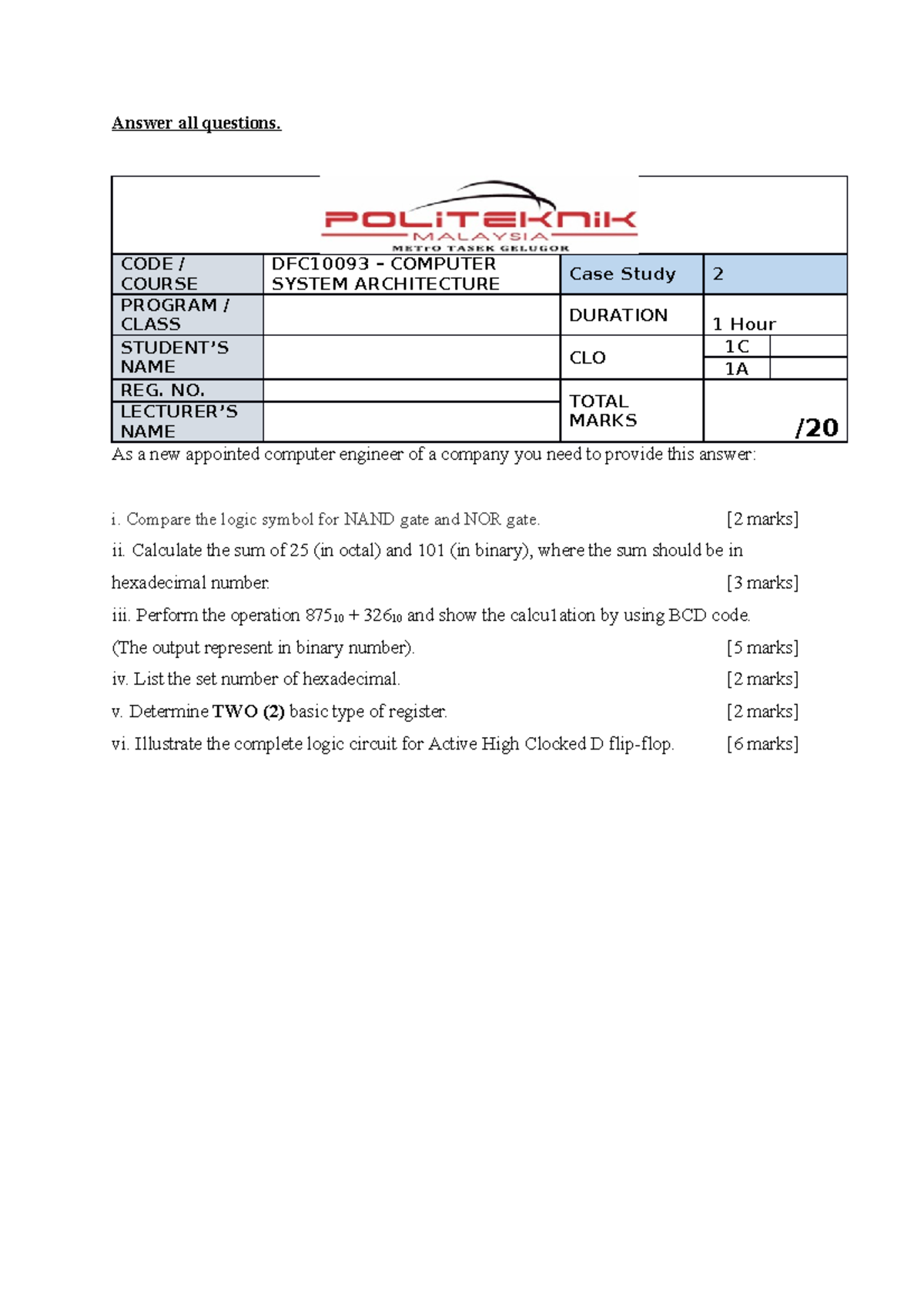 CS2 Dis2020 - CSA exercise - Answer all questions. CODE / COURSE ...