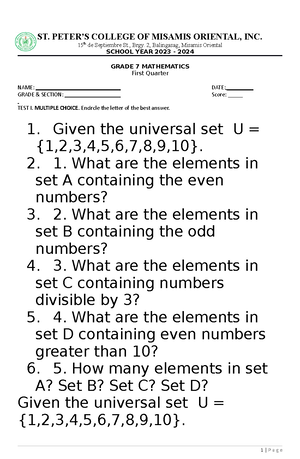 ST MATH 7 NO - ST MATH GUIDE - MATH 7 Written Work No. 1 Quarter 1 Name ...