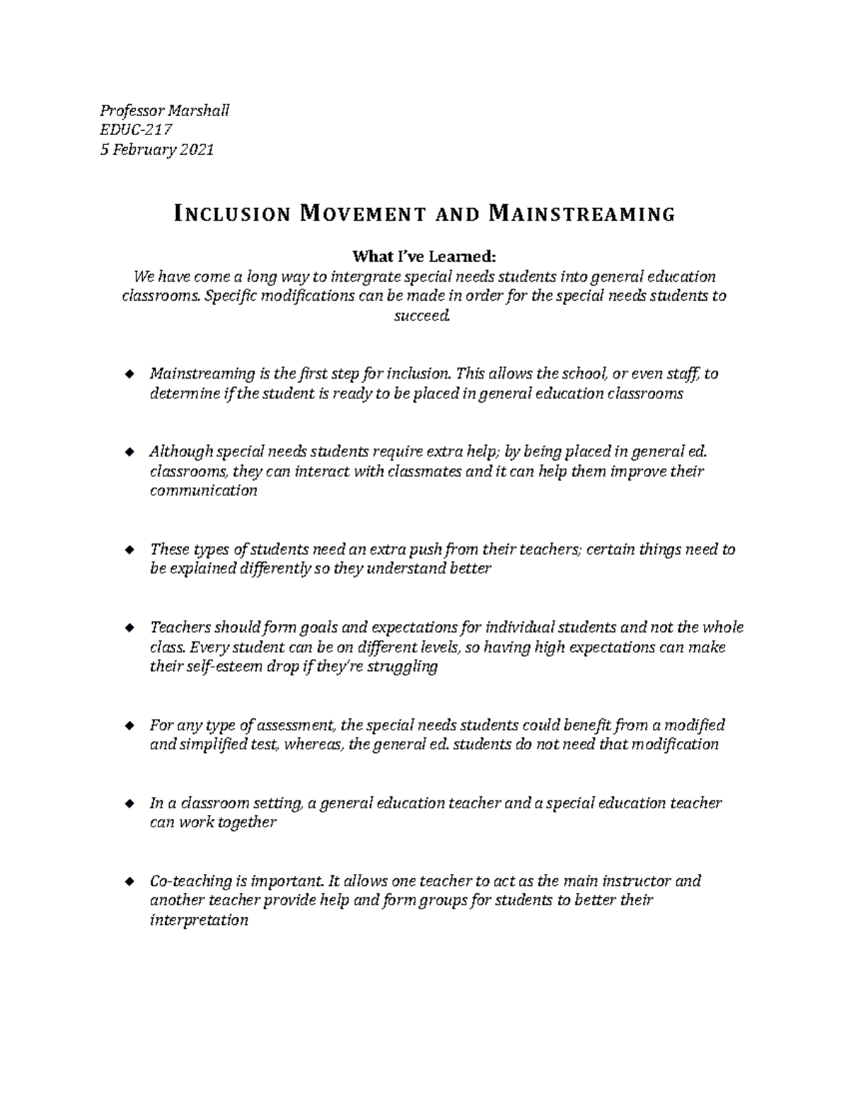 Inclusion movement:mainstreaming - Professor Marshall EDUC- 5 February ...