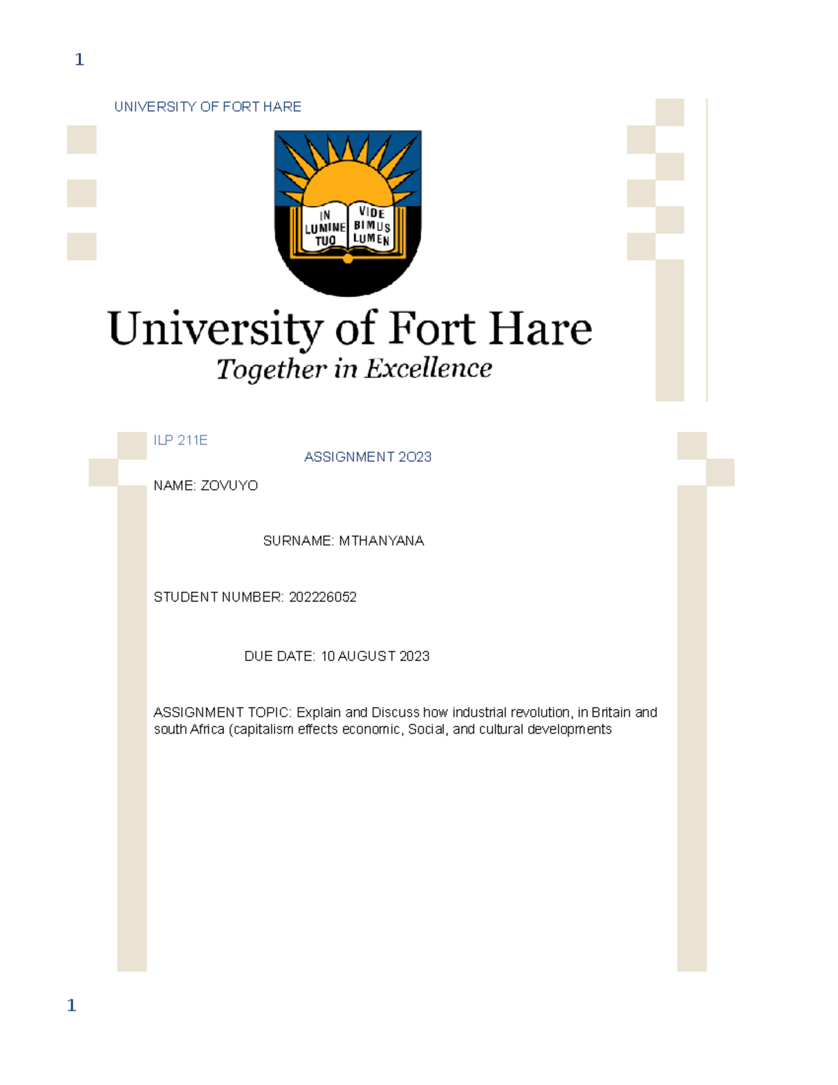 Document 4 copy - ASSIGNMENT - UNIVERSITY OF FORT HARE ILP 211E ...