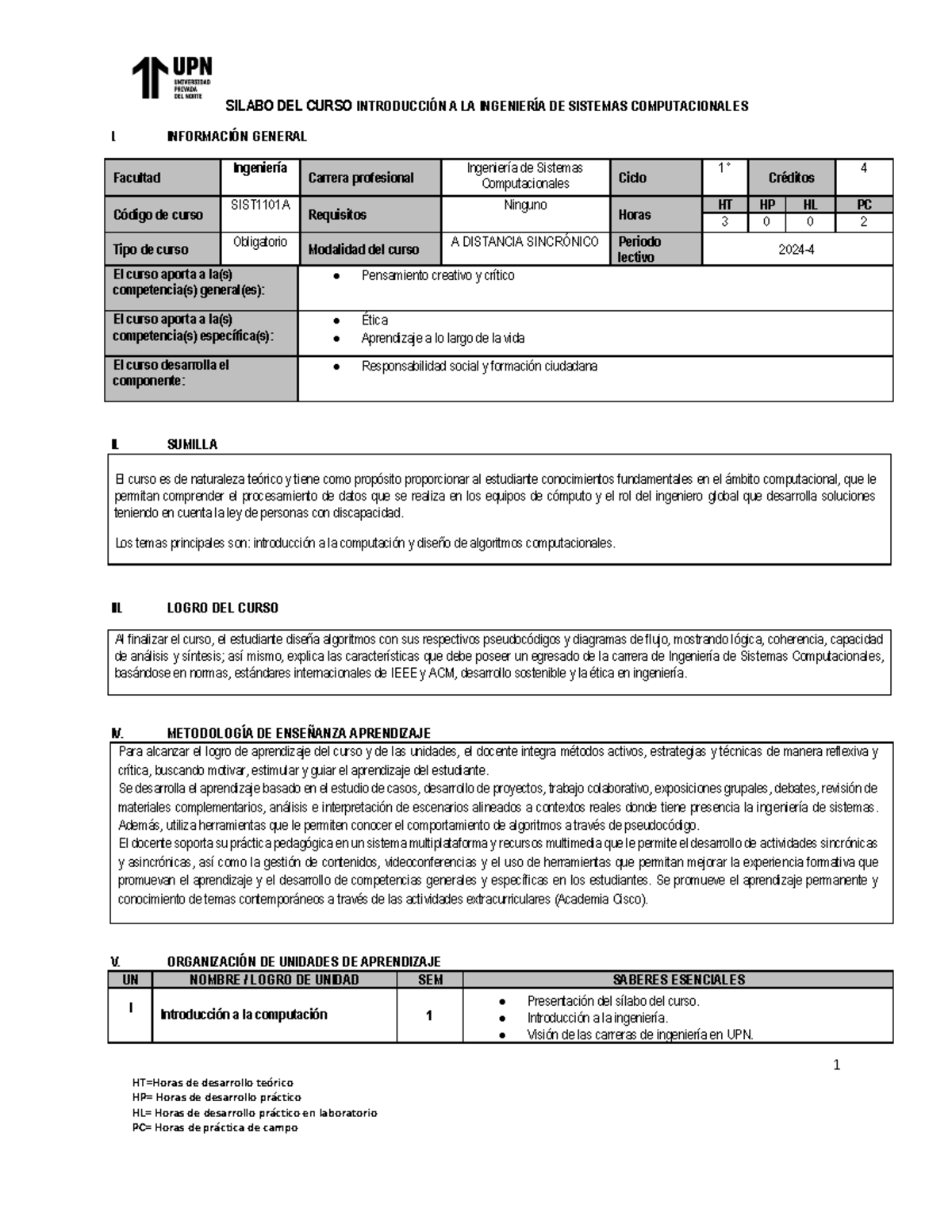 Silabo Introducción A LA Ingeniería DE Sistemas Computacionales - 1 HT=Horas de desarrollo ...