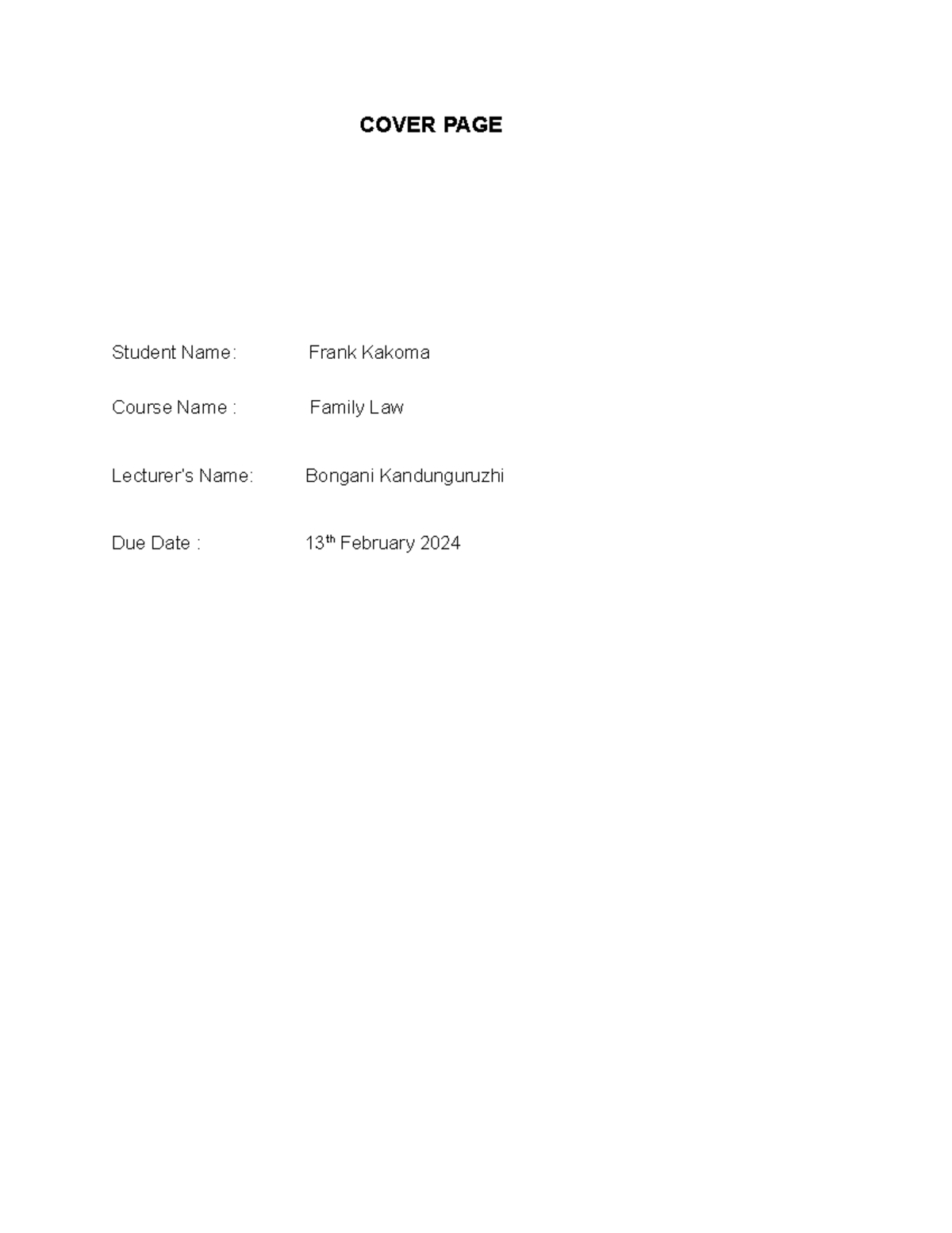 Termination of a Marriage - COVER PAGE Student Name: Frank Kakoma ...
