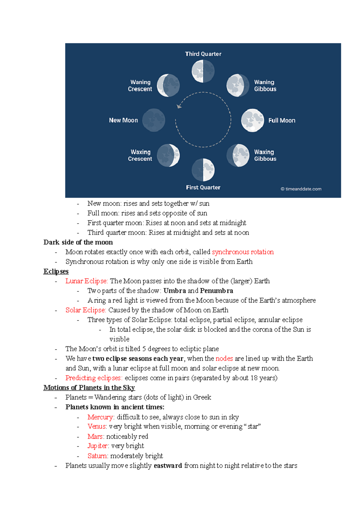ASTR 120 4 - Lecture notes 1 - New moon: rises and sets together w/ sun ...