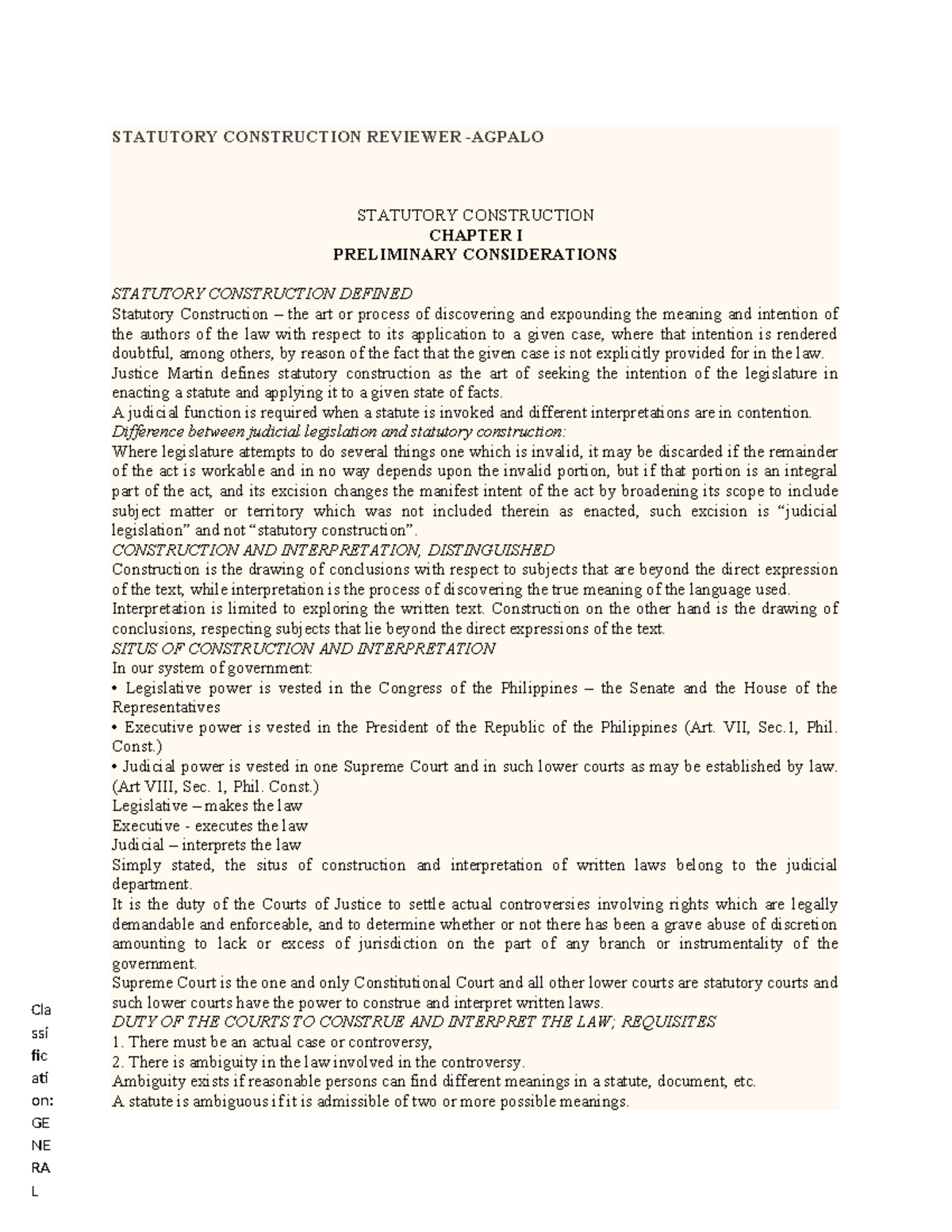 Notes - Summary Statutory Construction and Interpretation - Cla ssi fic ...