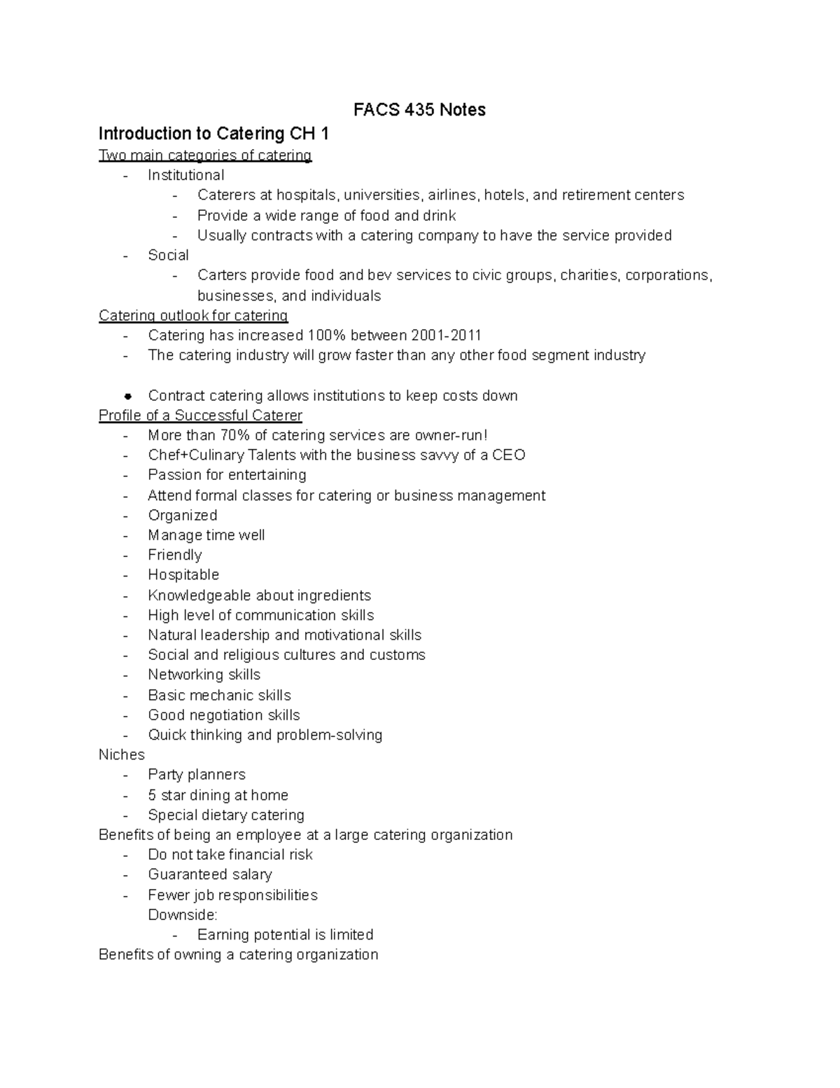 FACS 435 Notes - FACS 435 Notes Introduction to Catering CH 1 Two main ...