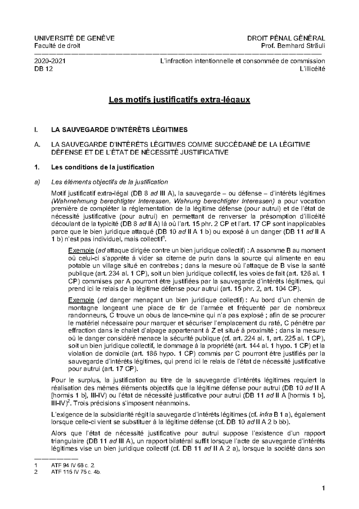 DB 12 - Les motifs justificatifs extra-légaux - droit pénal - UniGE ...