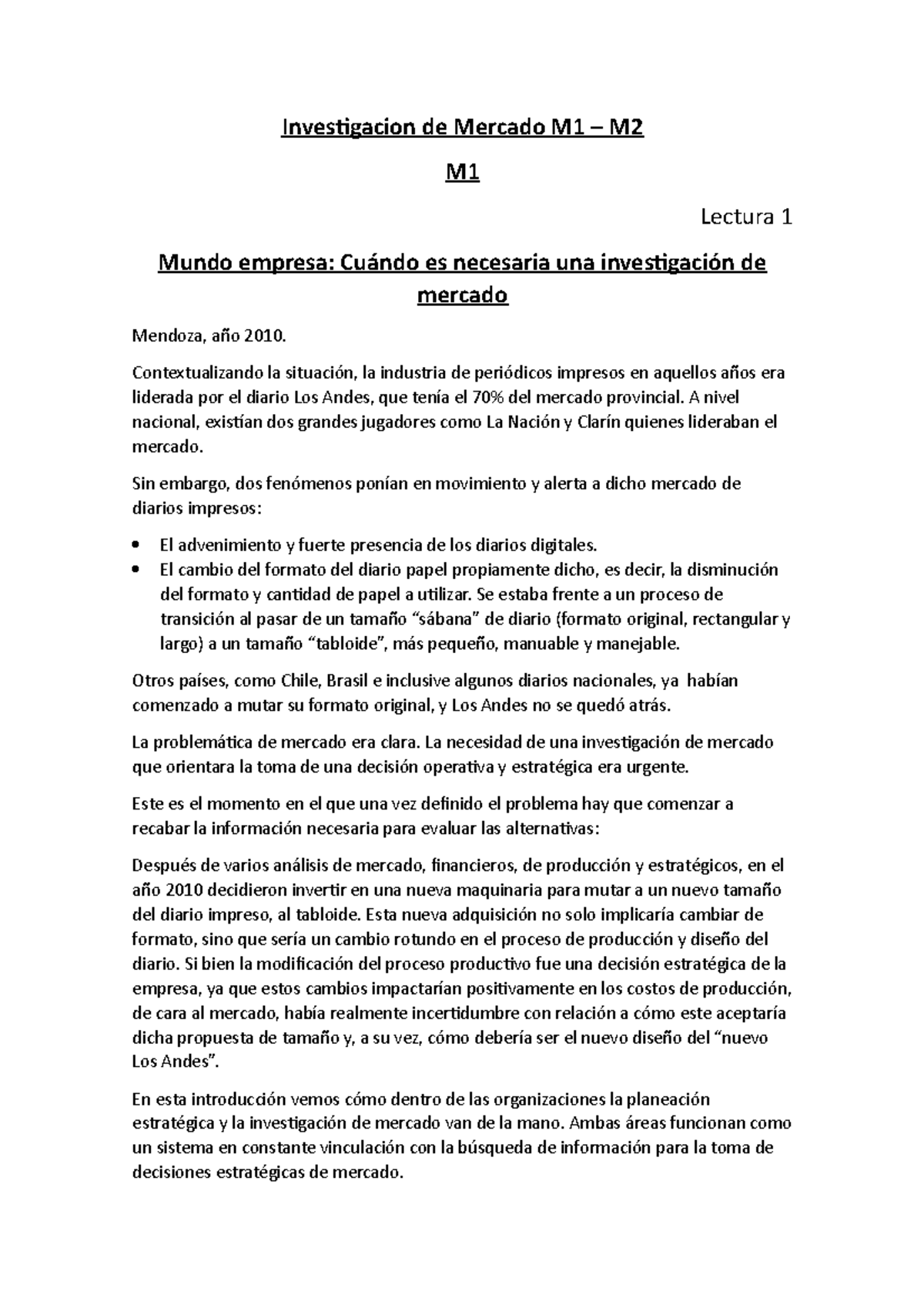 Resumen Investigacion de Mercado M1 y M2 - Investigacion de Mercado M1 – M M Lectura 1 Mundo ...