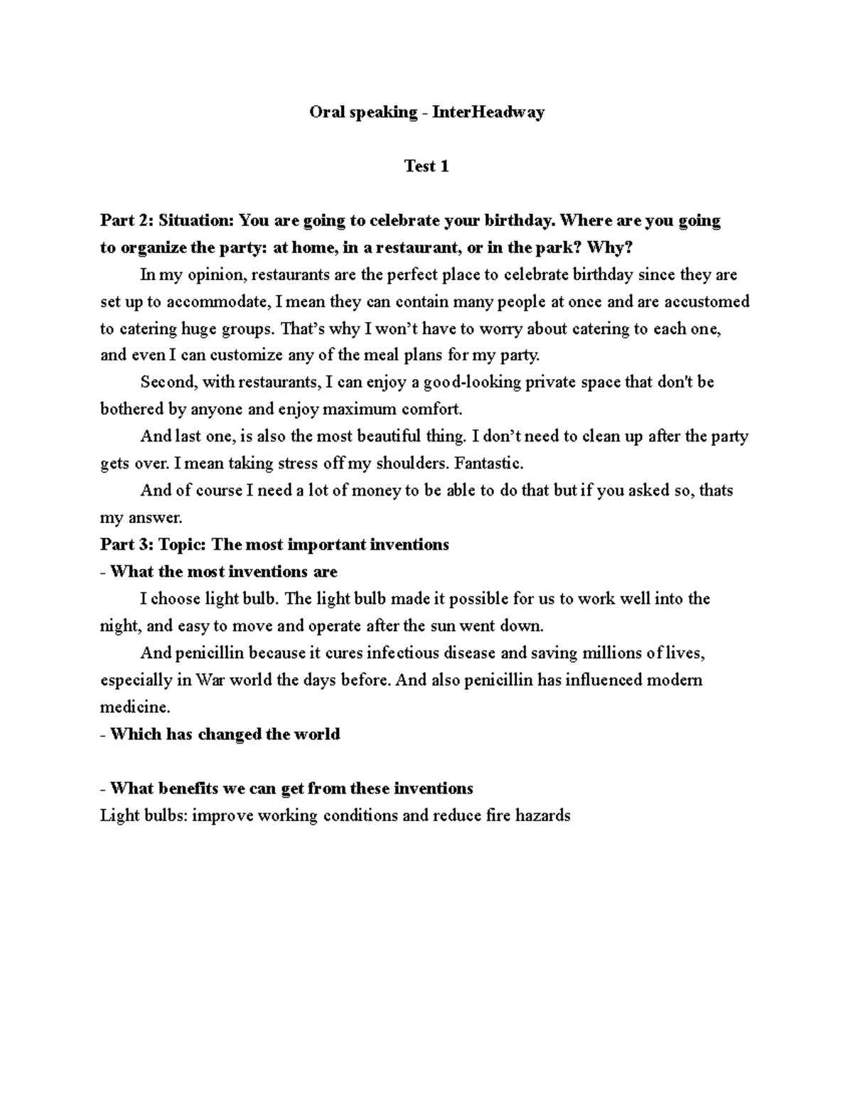 Oral Speaking Inter Headway - Oral speaking - InterHeadway Test 1 Part ...