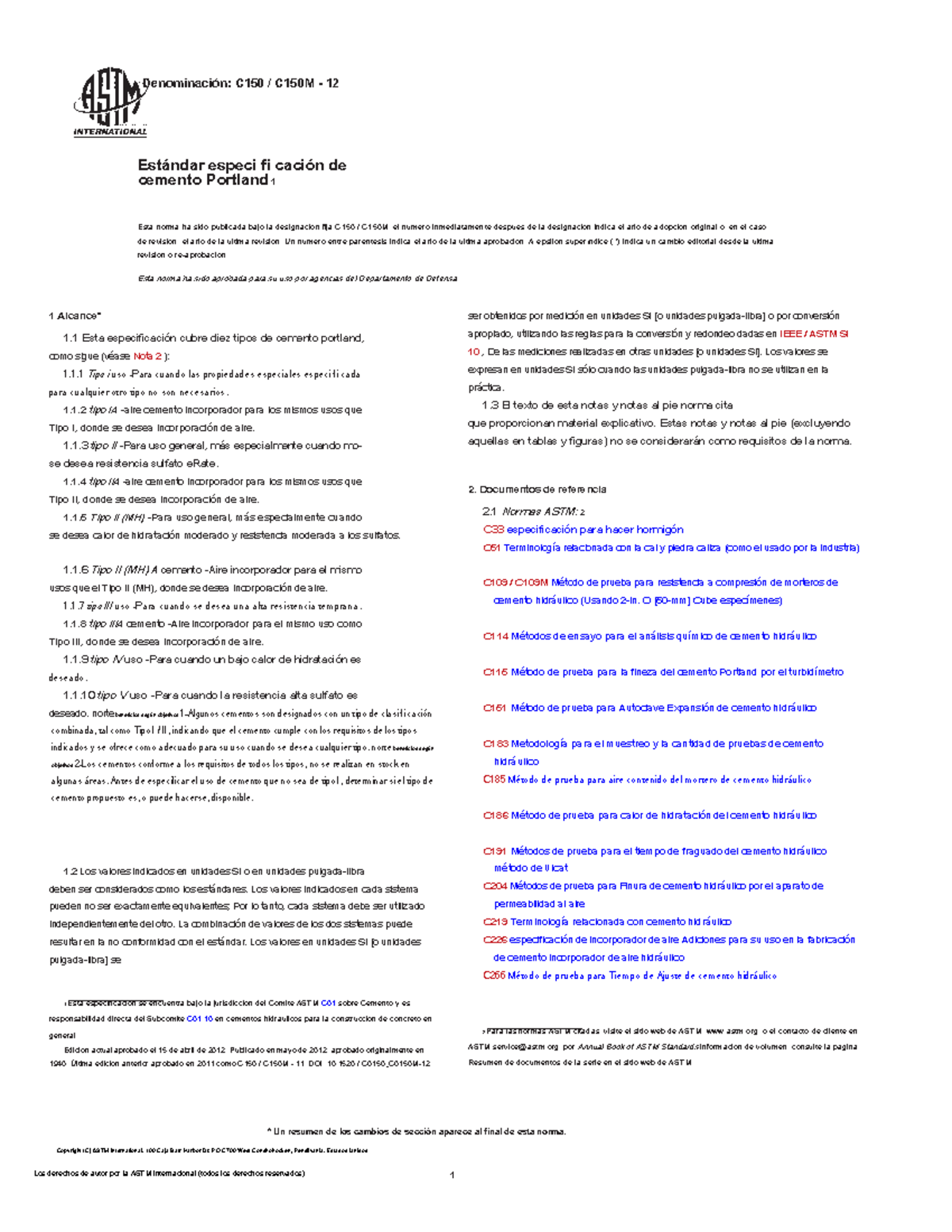 ASTM C 150 - CEMENTO-ESPECIFICACIONES TECNICAS - Denominación: C150 ...