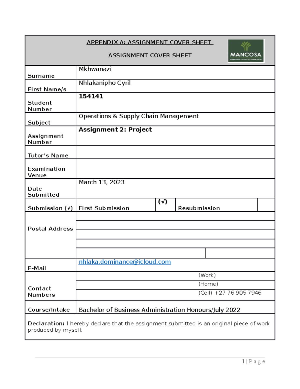 Operations and SCM Project - APPENDIX A: ASSIGNMENT COVER SHEET ...