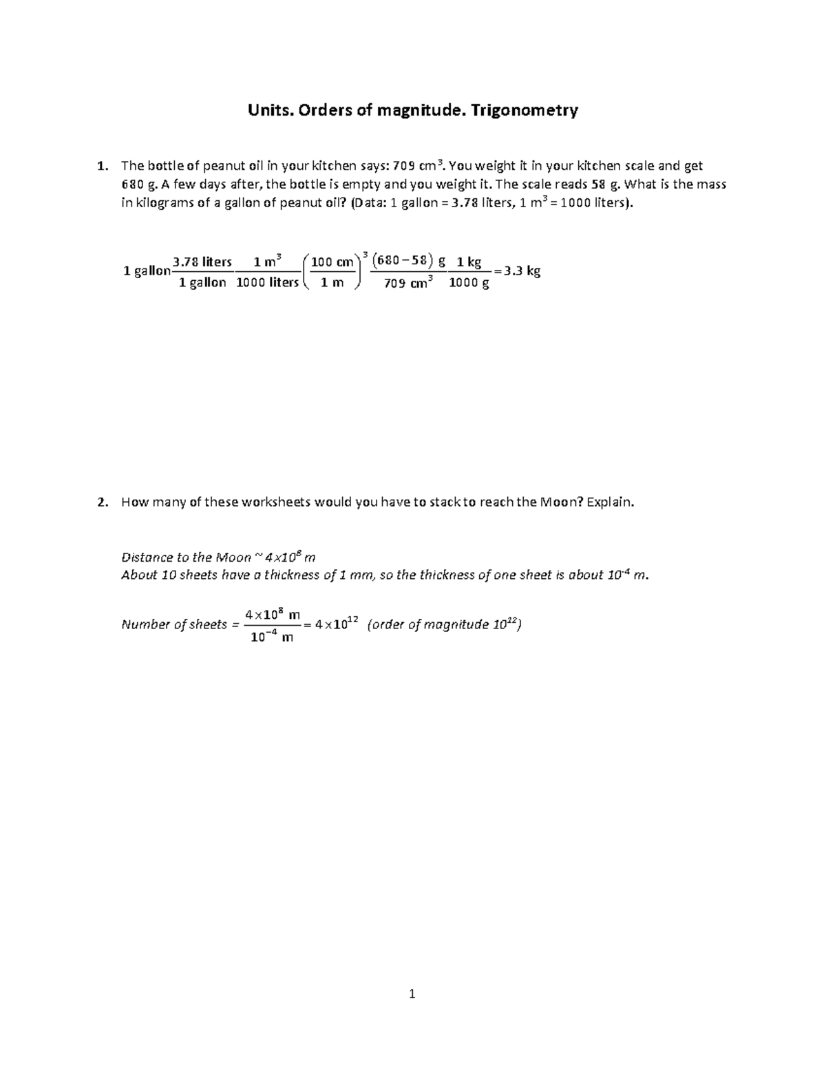 W01 F18 Units. Order of magnitude. Trigonometry solution - 1 Units ...