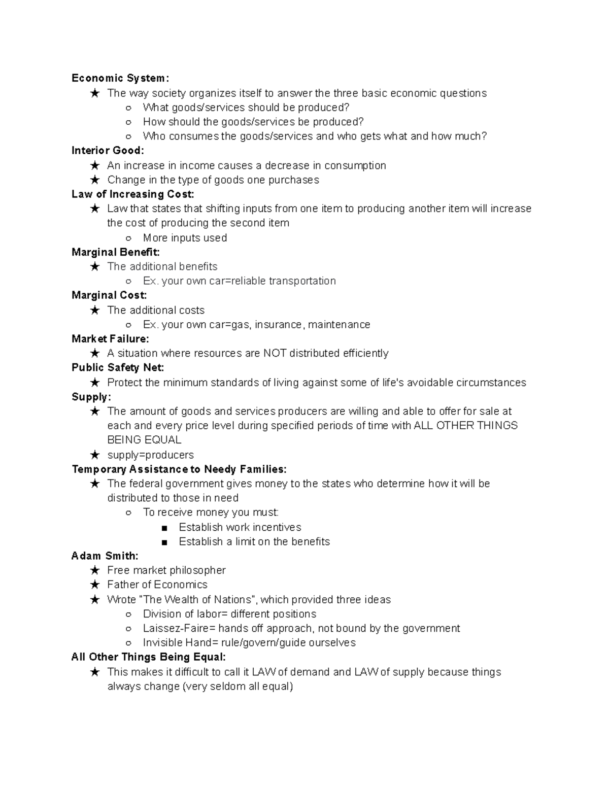Econ Notecard Pt. 1 - On my final; key terms - Economic System: ★ The ...