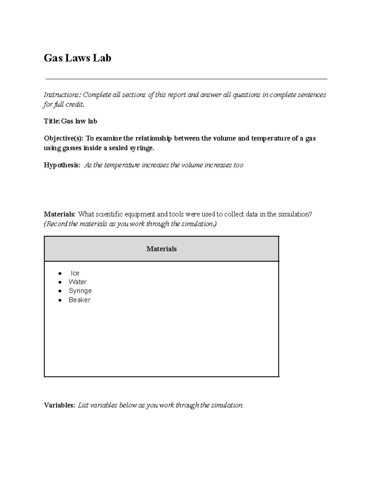 Gas Laws Lab - Gas Laws Lab Instructions: Complete all sections of this ...