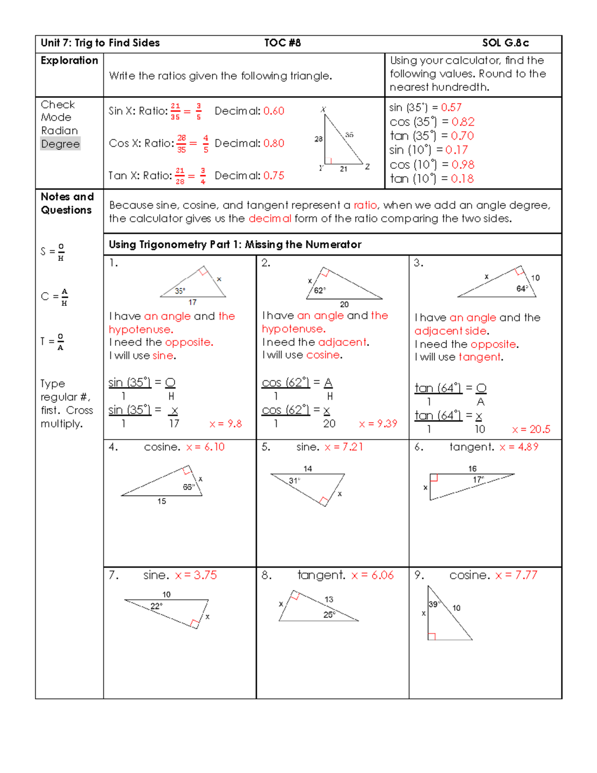 Trig to Find Sides TOC - Using your calculator, find the following ...