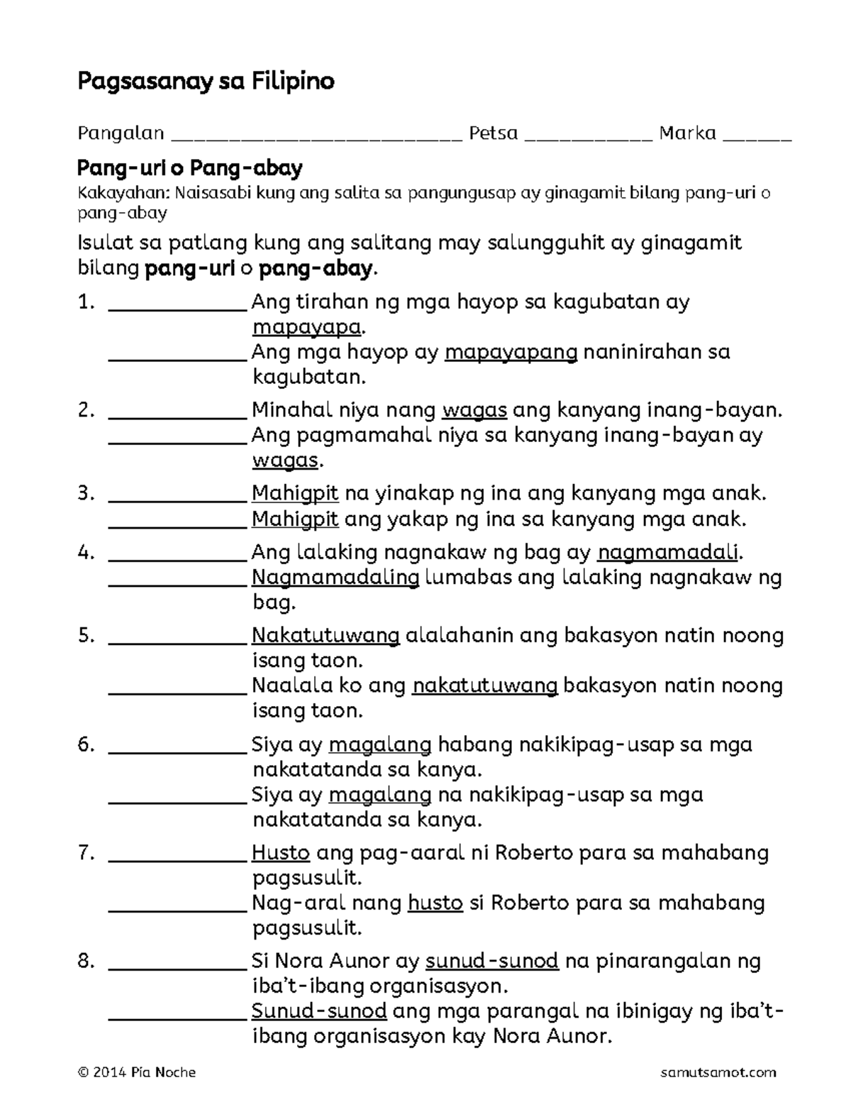 Pang-uri-o-pang-abay 2-1 - Pagsasanay sa Filipino Pangalan ...
