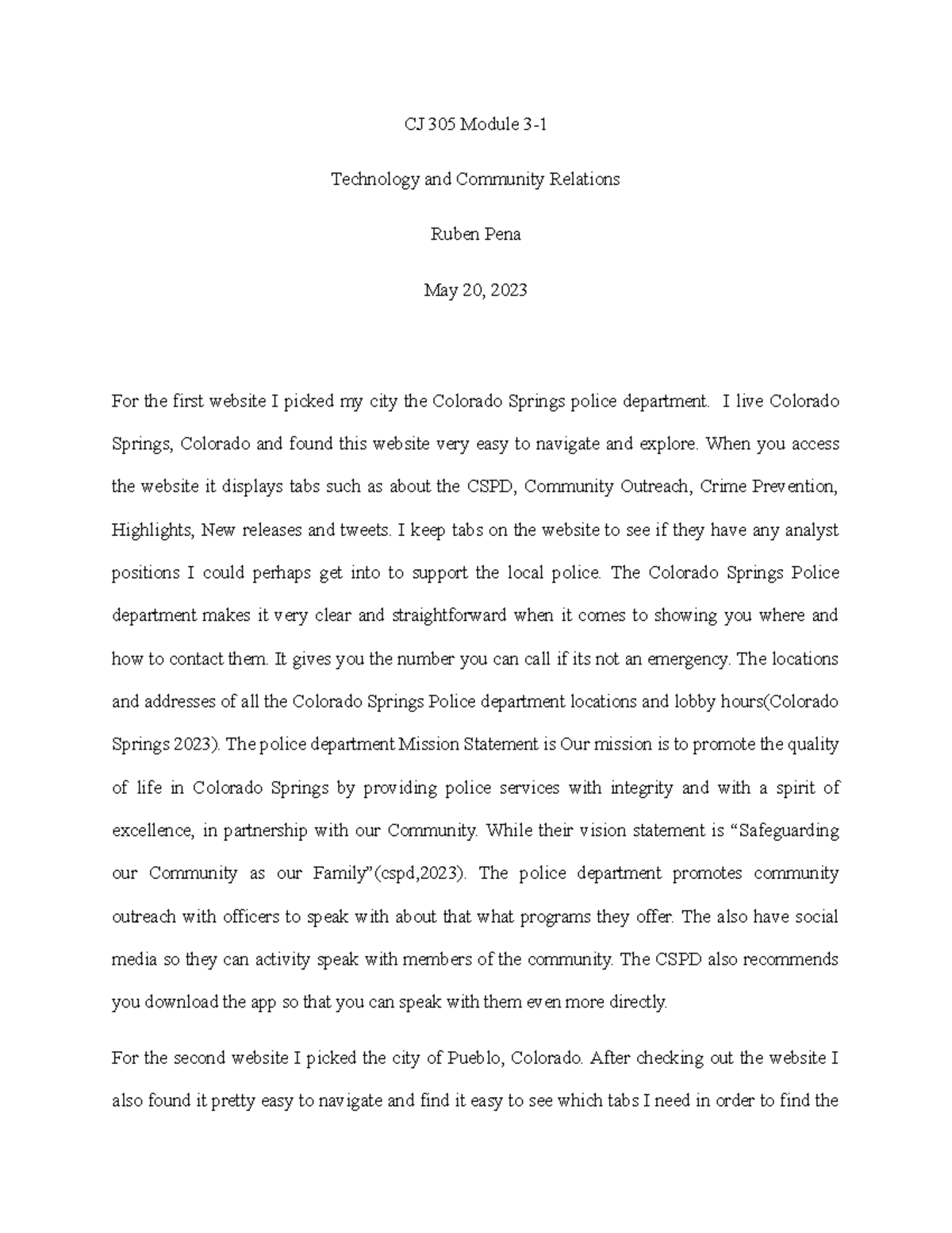 CJ 305 Module 3-1 Practice Activity - CJ 305 Module 3- Technology and Community Relations Ruben ...