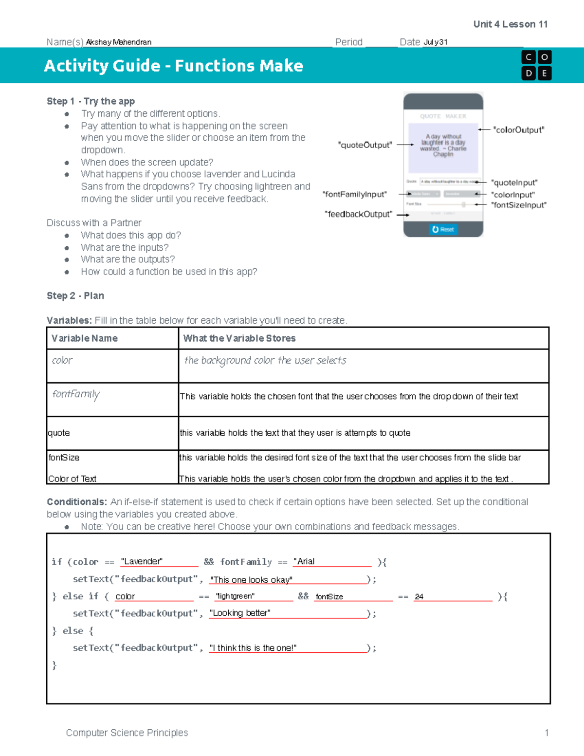 Activity Guide - Functions Make - Unit 4 Lesson 11 - Unit 4 Lesson 11 ...