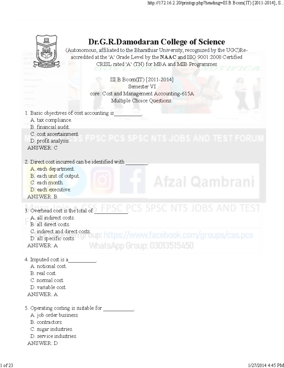 150 mcqs cost accounting - Dr.G.R College of Science (Autonomous, affiliated to the Bharathiar ...
